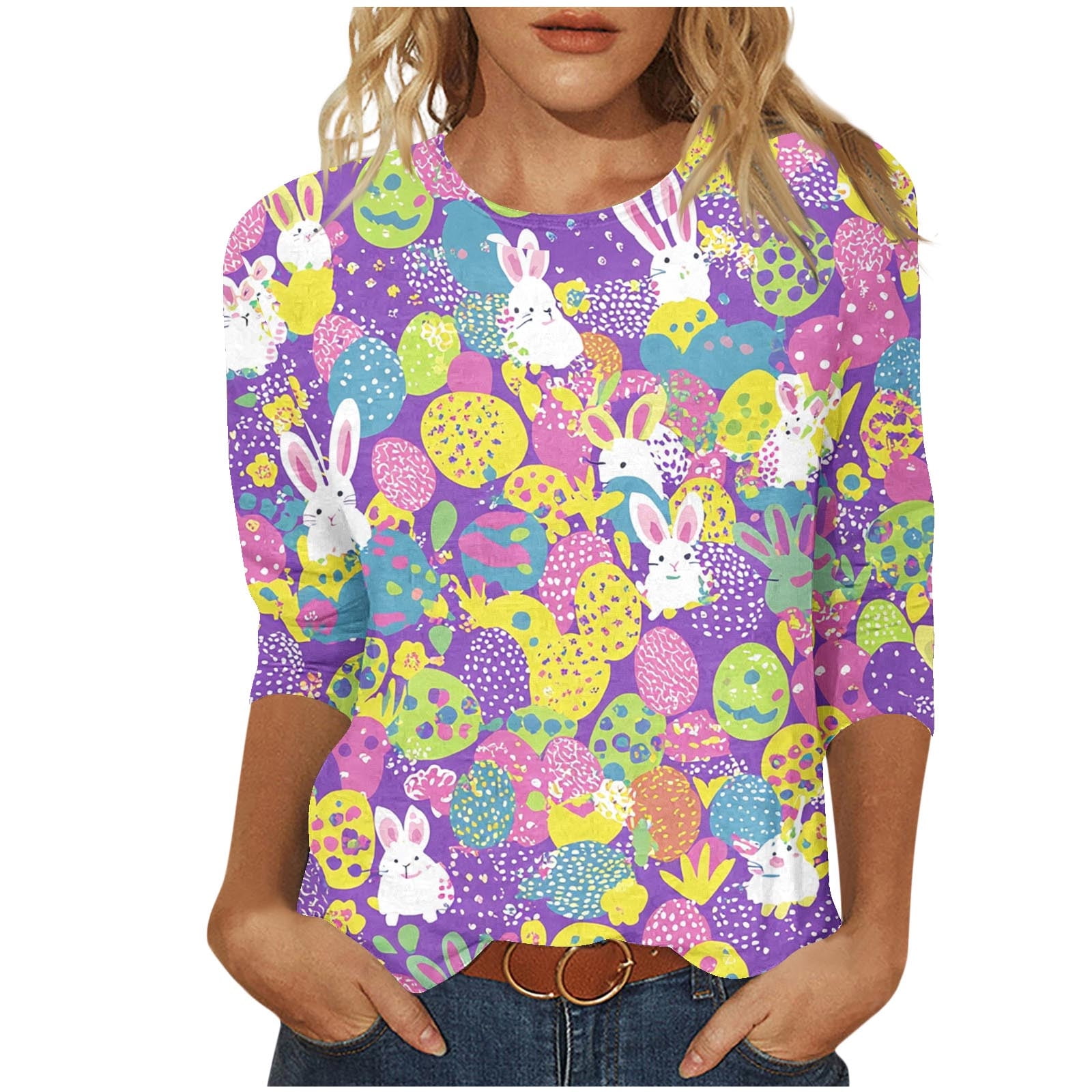 Lady's Fashion Easter Bunny Blouse 3/4 Sleeve Top Rabbit Print Outfit ...