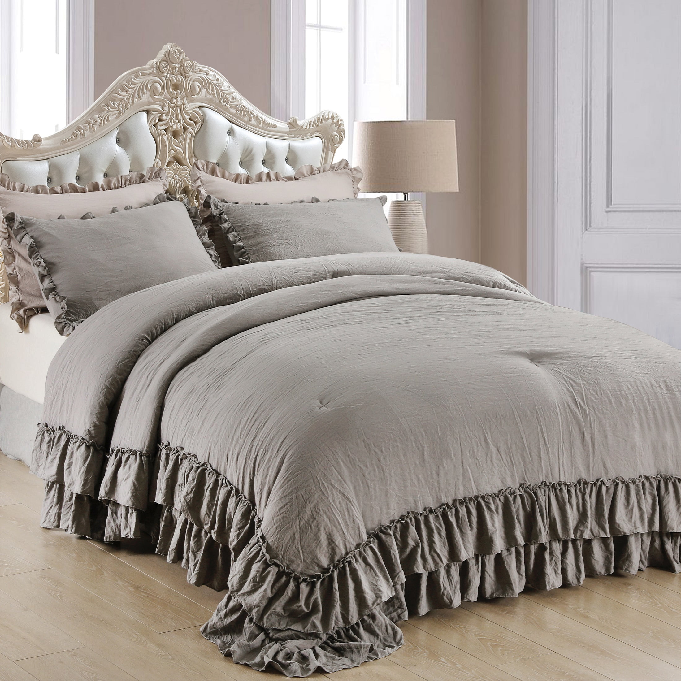 LadyAnn Gray Ruffled Comforter Set King, Farmhouse Shabby Fringe Chic ...