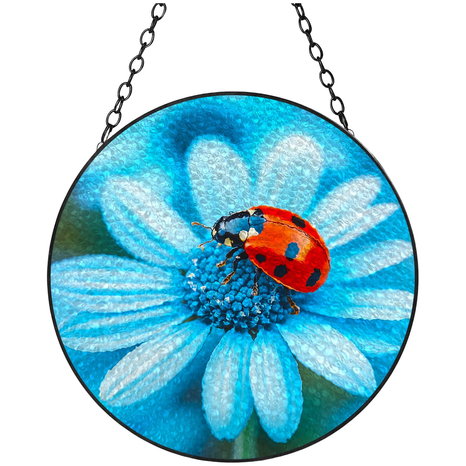 Ladybird on Blue Daisy Flower Stained Glass Suncatcher Colored Handmade ...