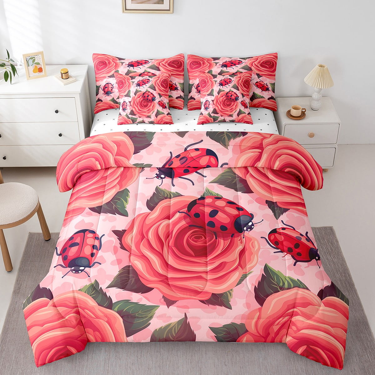 Ladybird Comforter Set 7 Piece Bed in a Bag Twin,Red Rose Flowers Bedding Sets Lady Beetle Bugs ...