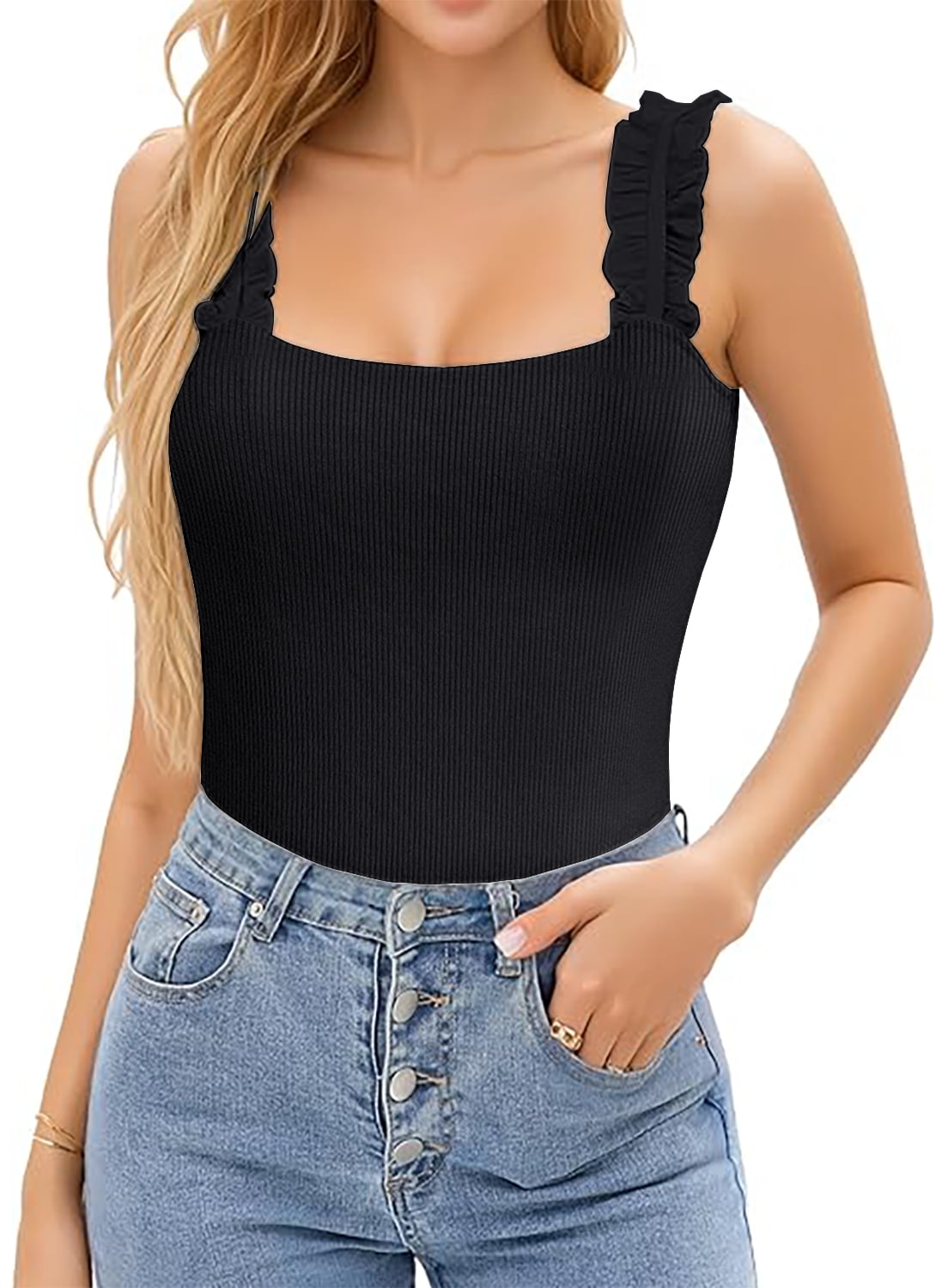 Ladybranch Black Ribbed Tank Tops for Women Summer Sleeveless Ruffle Strap Tank Tops Sexy Crop ...