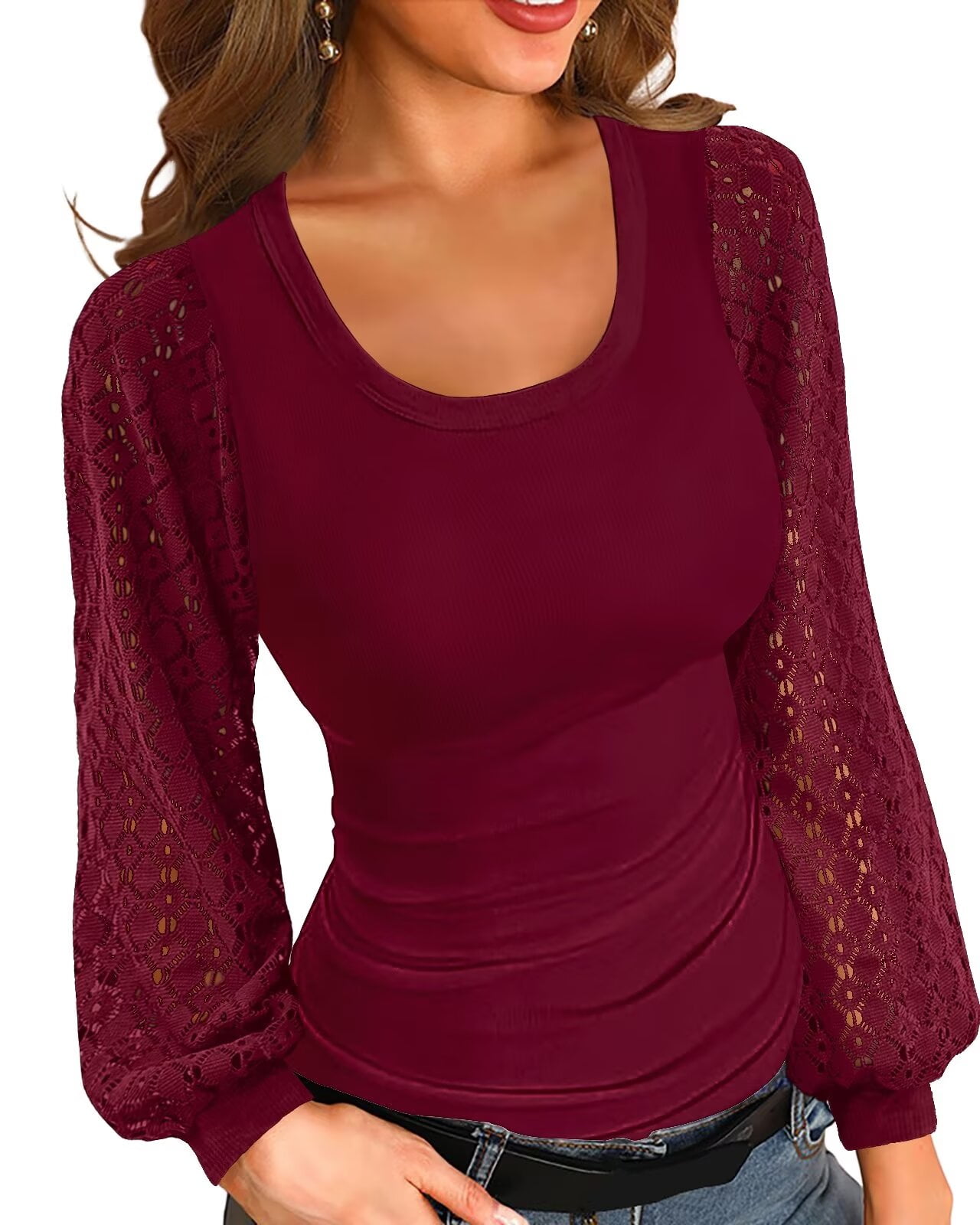 Ladybranch Womens Balloon Bell Long Sleeve Ribbed Shirts Slim Fitted ...