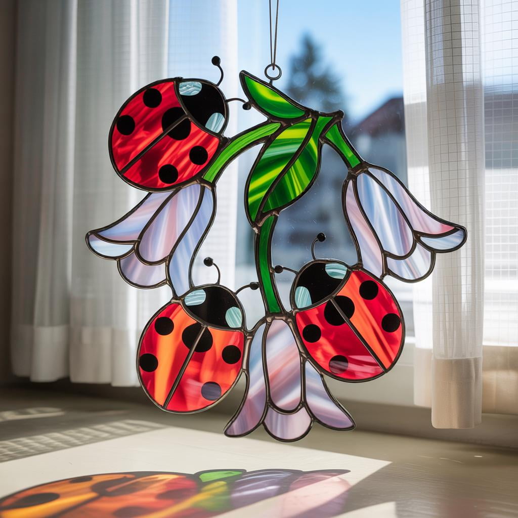 Ladybug Acrylic Suncatcher,Red Ladybugs on Flowers Faux Stained Glass ...