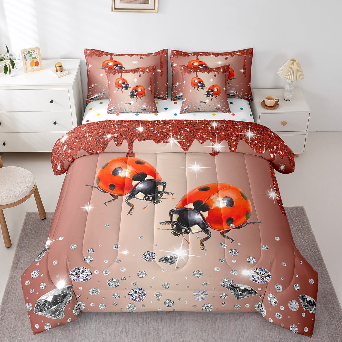 Ladybug Bed in a Bag King Size Comforter Set 7 Pieces,Red Sequin Fluid ...