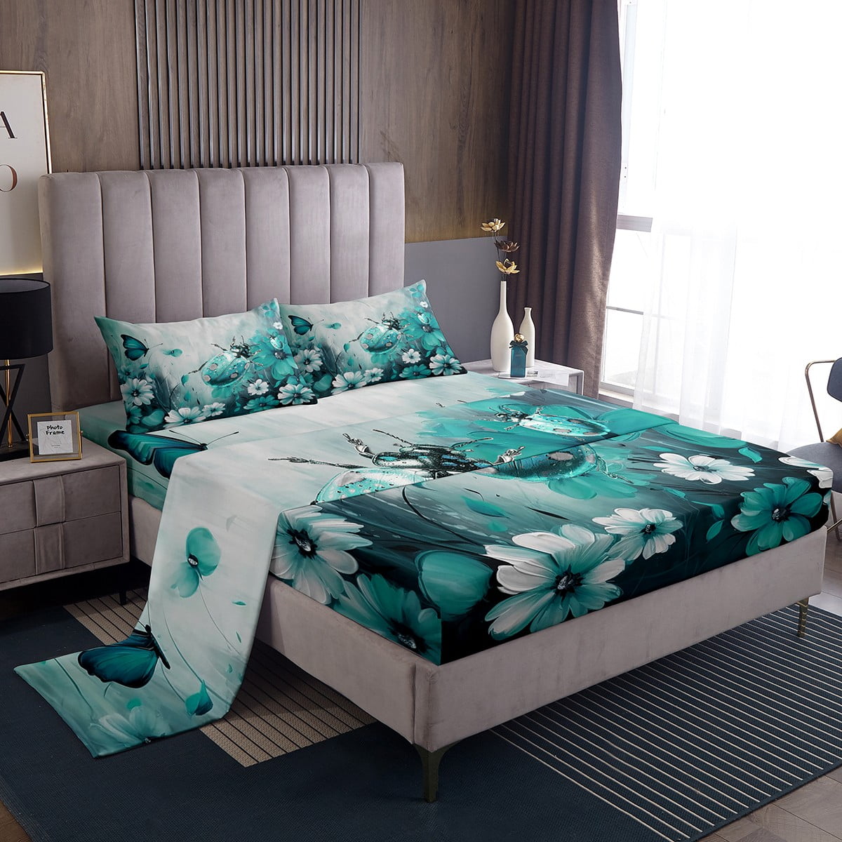 Ladybug Bed Sheets Set Daisy Flowers Queen Sheet Set ,Turquoise Ombre ...