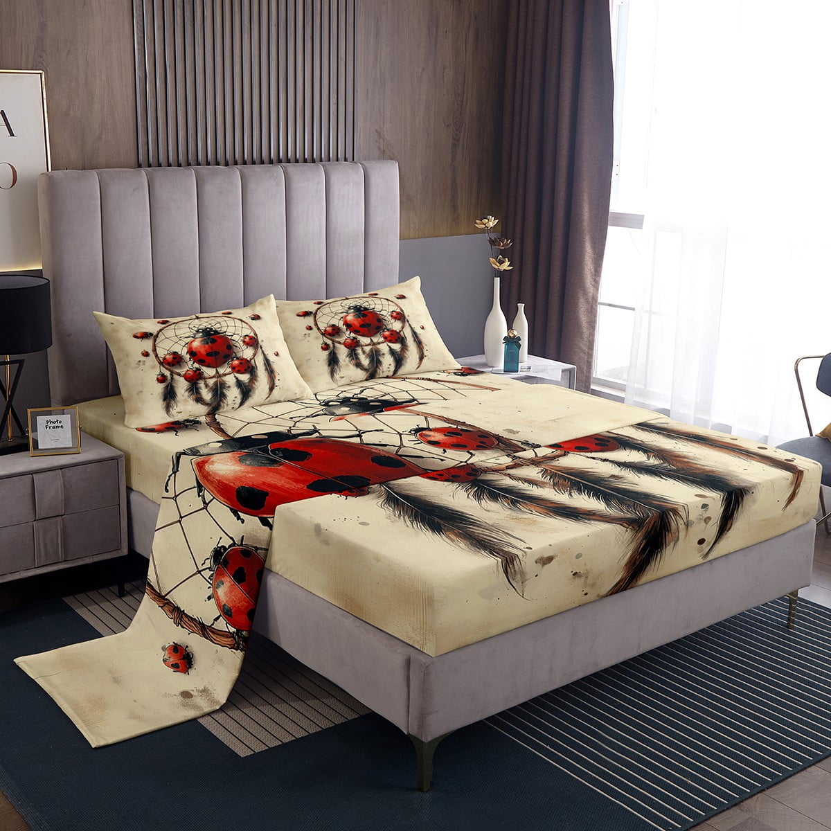 Ladybug Bed Sheets Set Dream Catchers Sheets,Boho Feather Ladybird ...