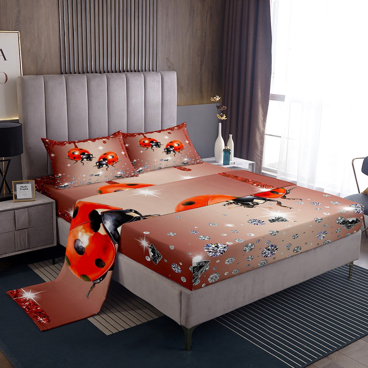 Ladybug Bed Sheets Set Red Sequin Fluid Art Sheets,Crystal Diamond ...