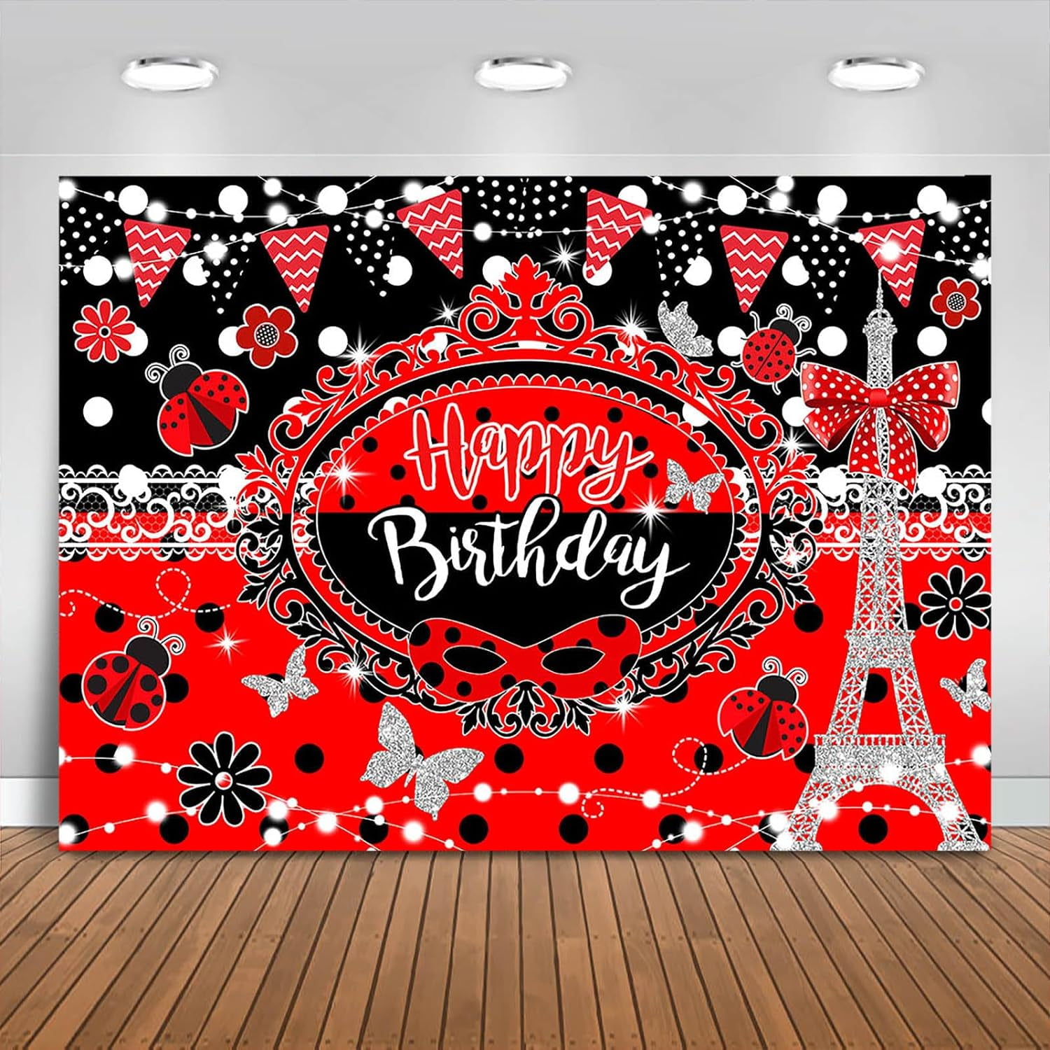 Ladybug Birthday Backdrop Eiffel Tower Butterfly Red and Black Happy ...