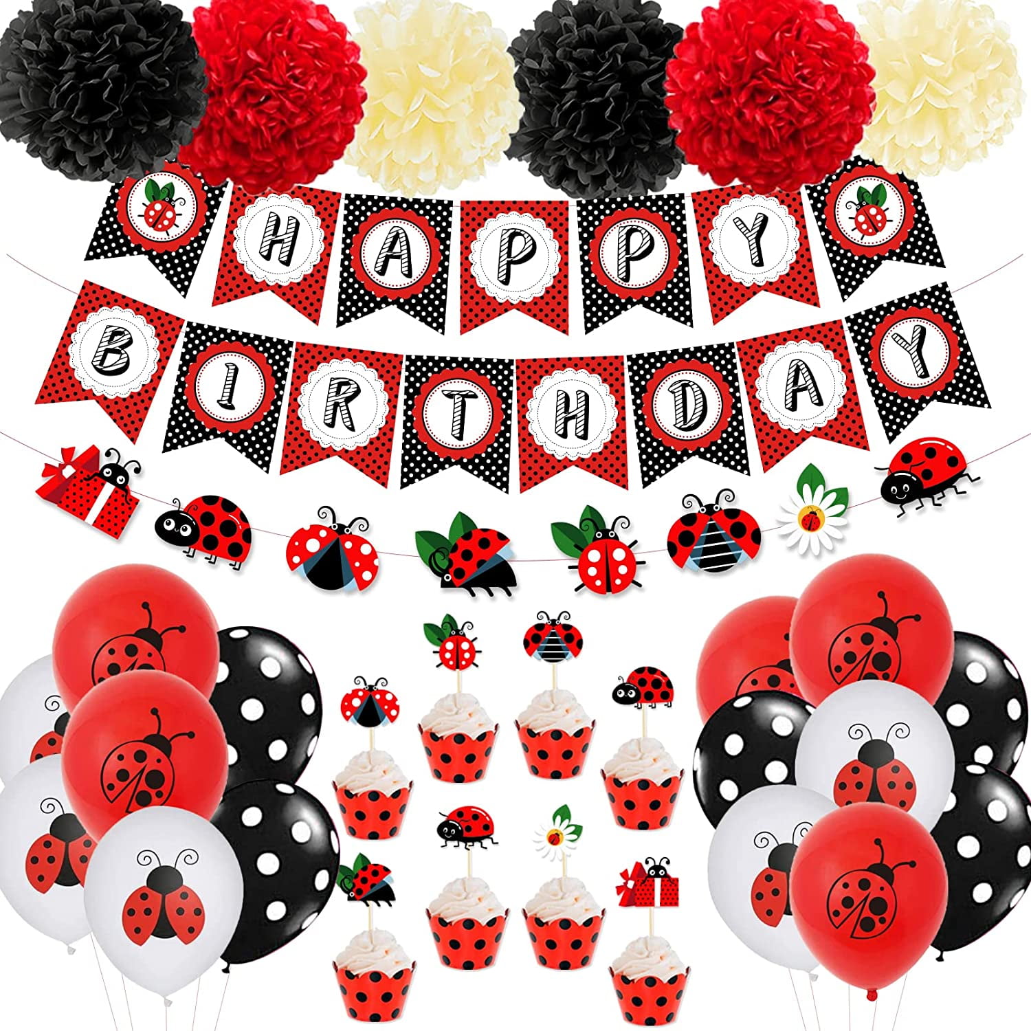 Ladybug Birthday Decorations Happy Birthday Banner Ladybug Cake Topper Balloons Pom Pom Flowers ...