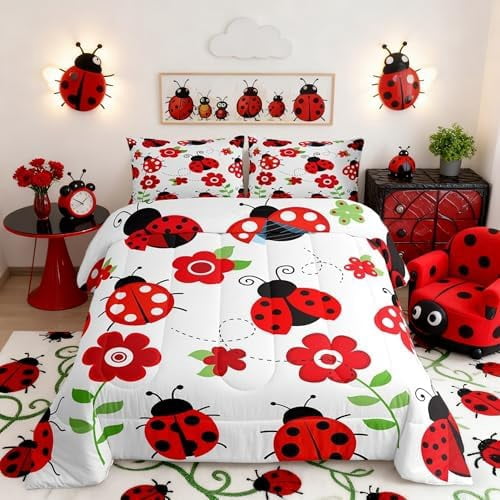 Ladybug Comforter Set for Teens Red Floral and Animal Bedding Set Cute ...