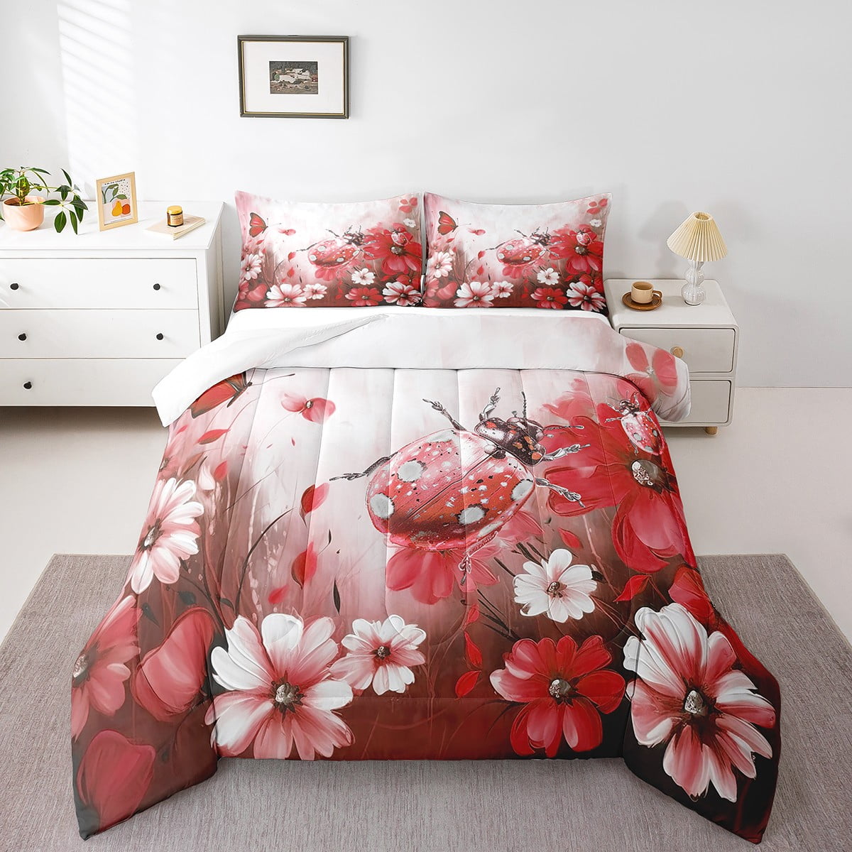 Ladybug Comforter Set Daisy Flowers Twin Bedding Sets ,Red Ombre Oil ...