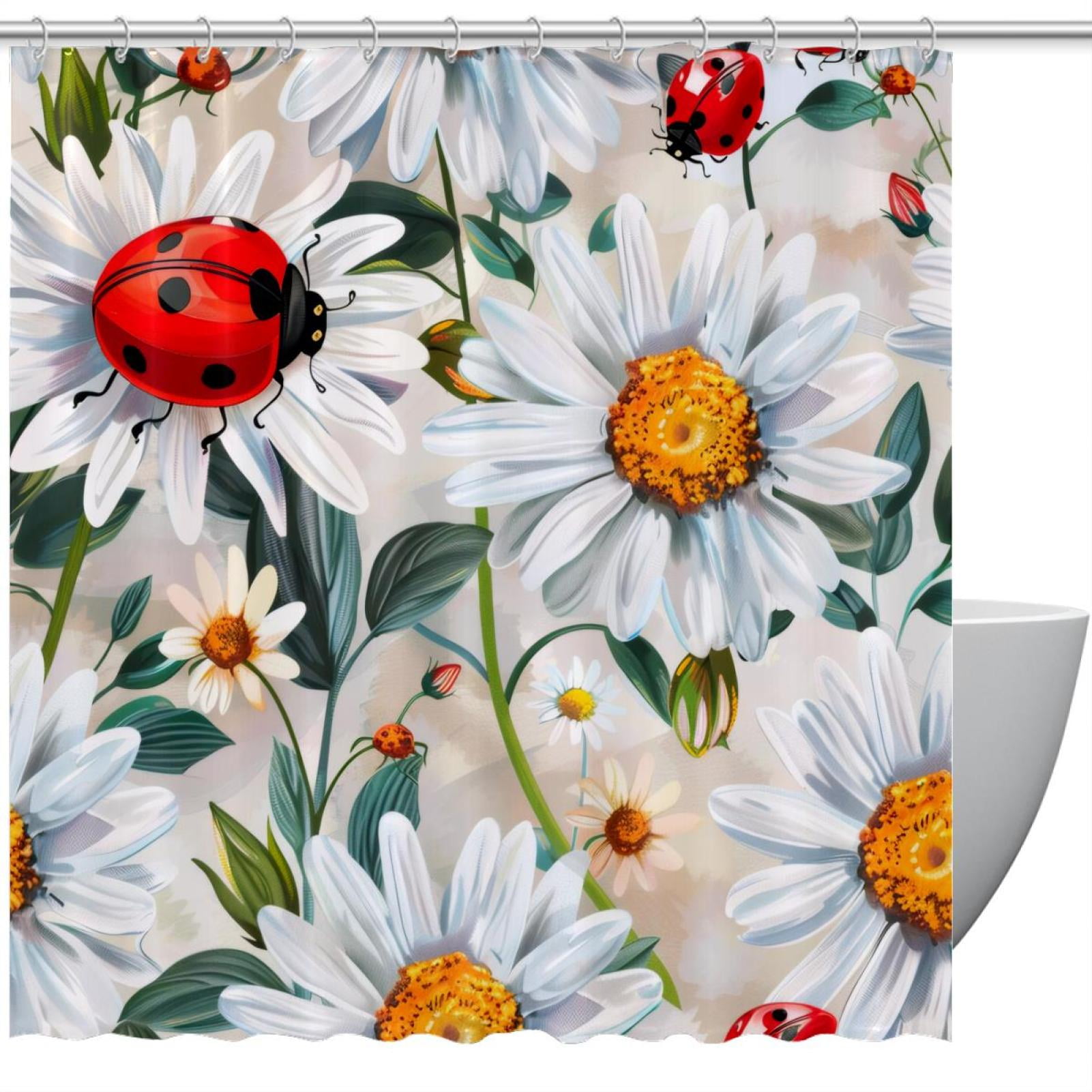 Ladybug Daisies Florals Shower Curtain with Hooks, Waterproof Polyester ...
