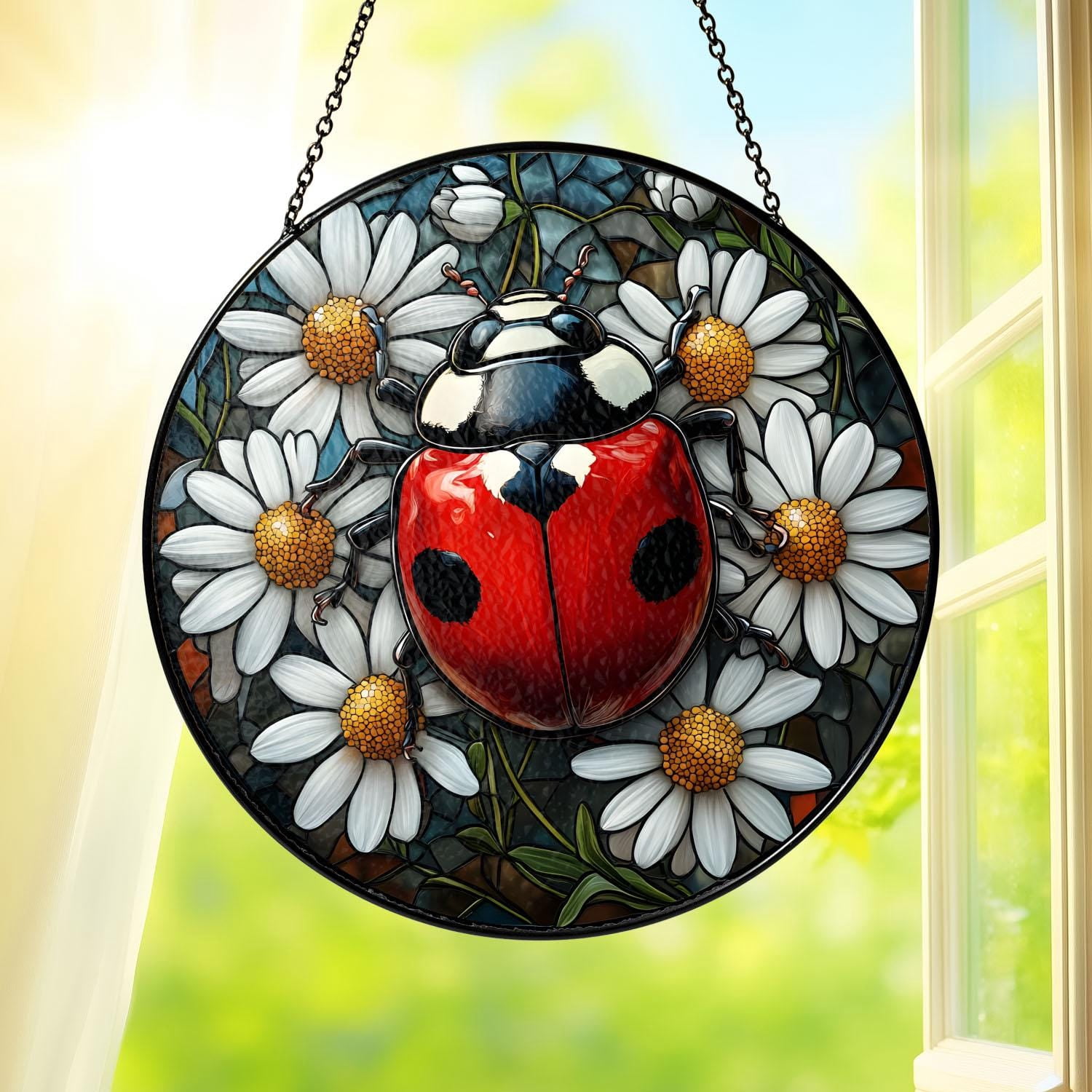 Ladybug Daisy Floral Stained Glass Suncatcher Window Hanging Home Decor ...