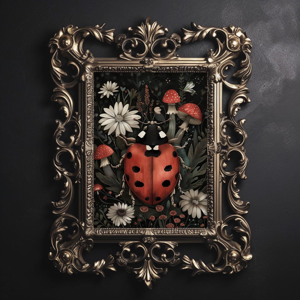 Ladybug In Dark Flower Garden Print, Moody Bug Print, Ladybug Print ...
