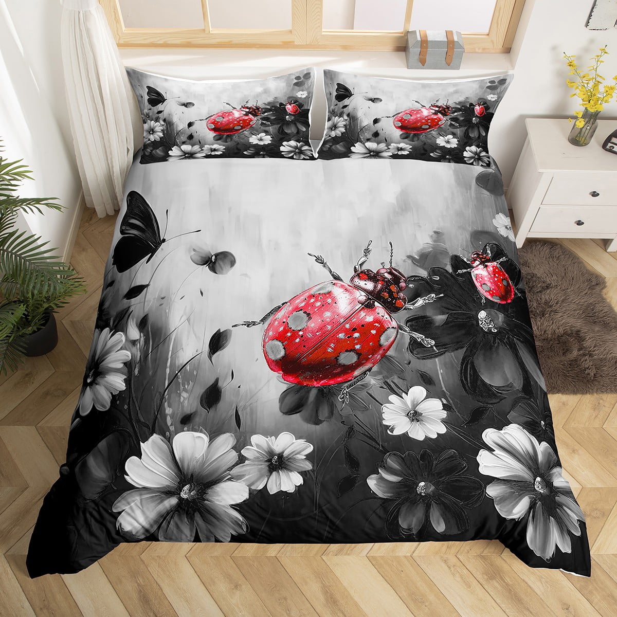 Ladybug Duvet Cover for Comforter Daisy Flowers Toddler Bedding Sets ...