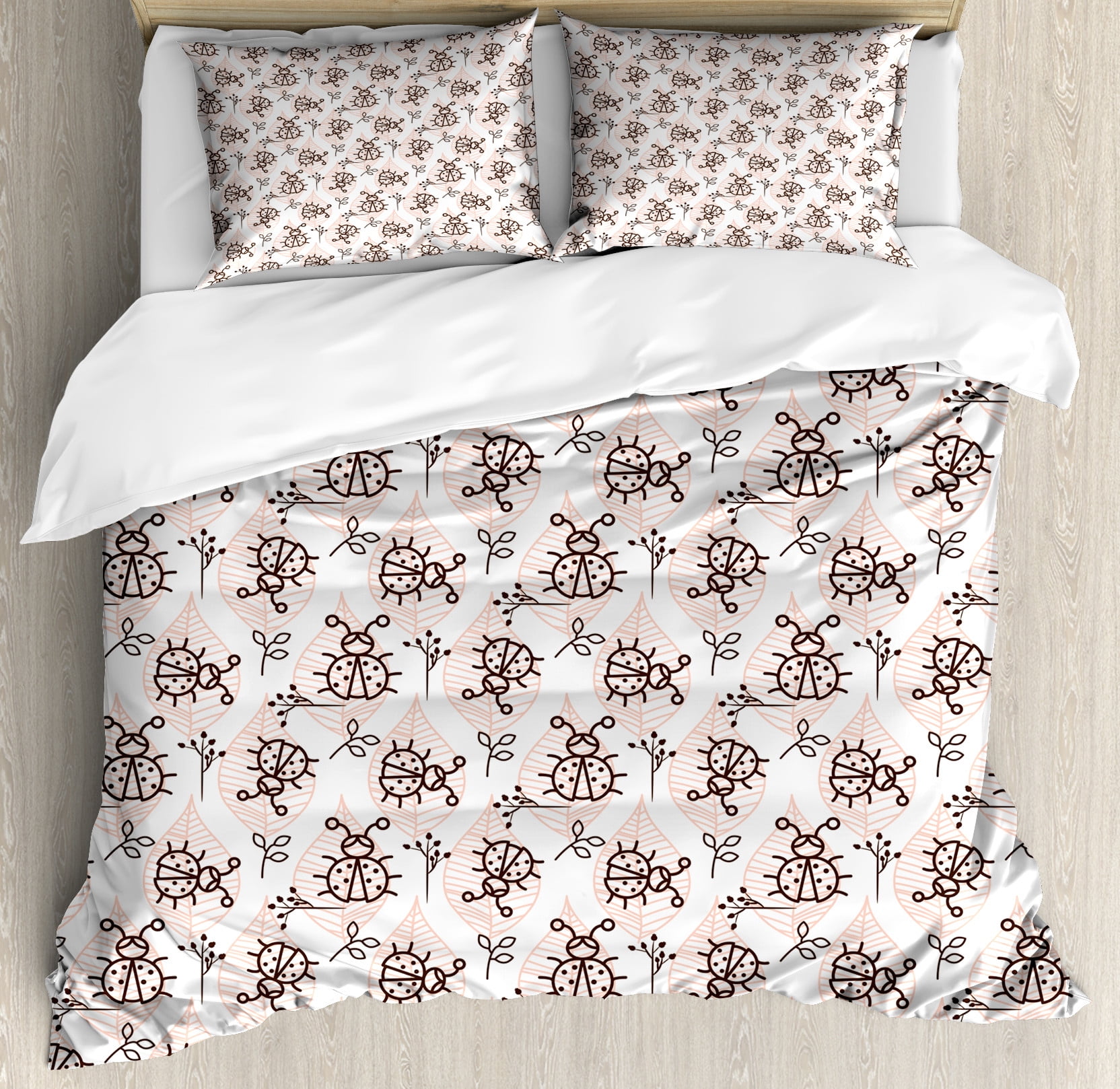Ambesonne Ladybug Duvet Cover Set, Insect on Leaves, Queen, Peach ...