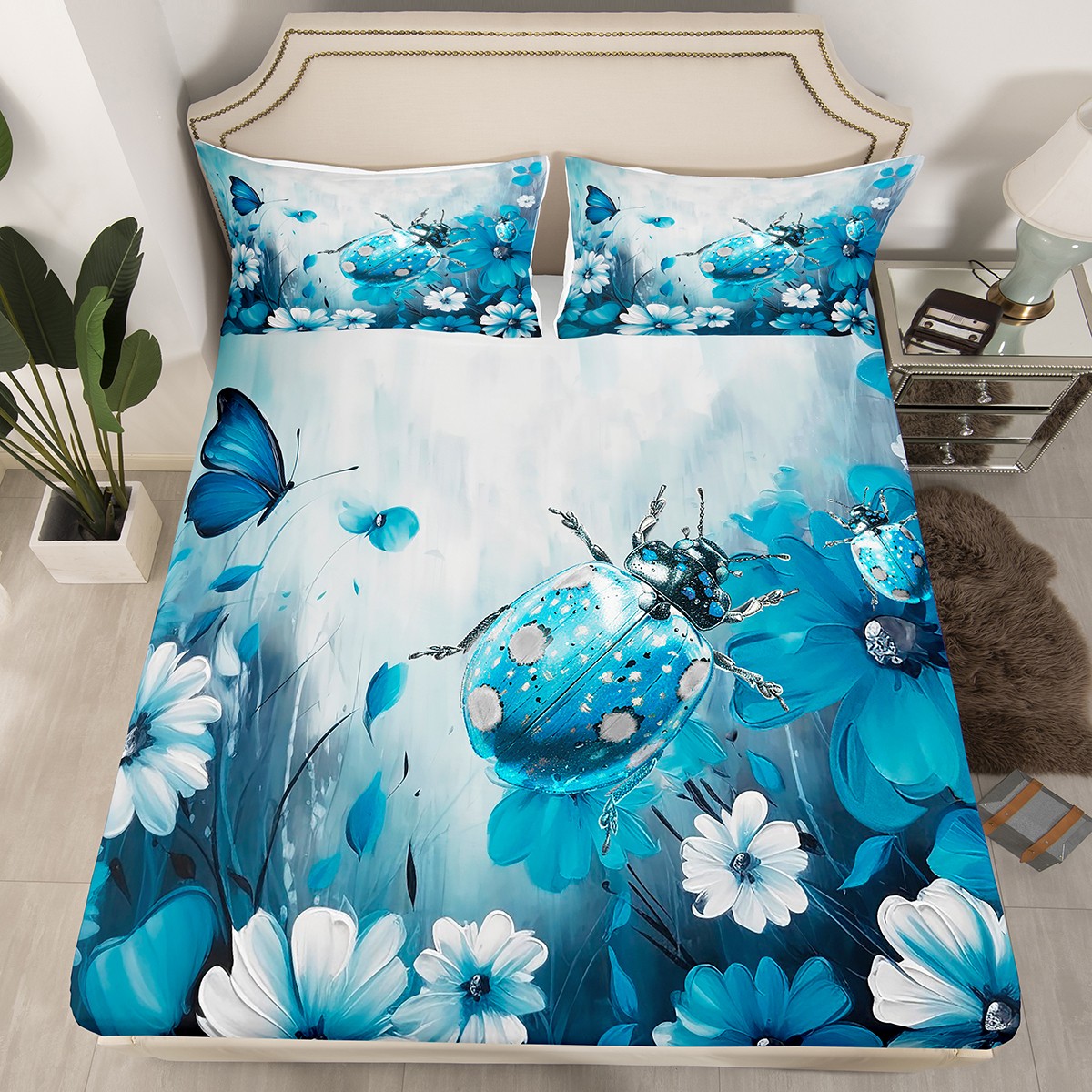 Ladybug Fitted Sheet Daisy Flowers Queen Bed Sheets,Light Blue Ombre ...