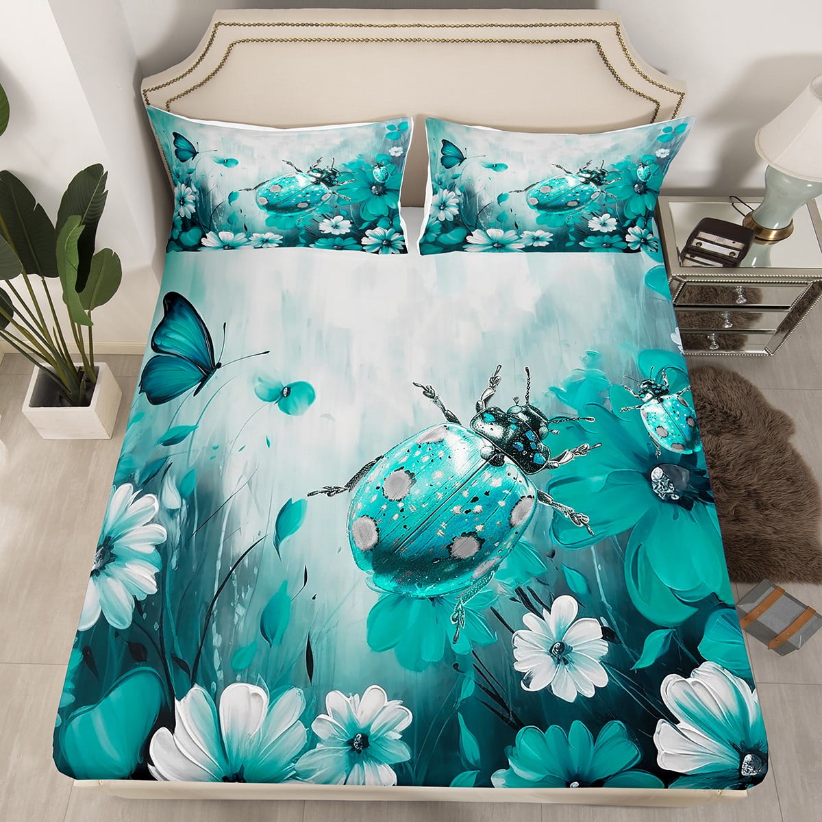 Ladybug Fitted Sheet Daisy Flowers Twin Bed Sheets,Turquoise Ombre Oil ...