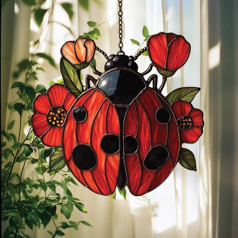 Ladybug Floral Acrylic Suncatcher – Red Bug Faux Stained Glass Window ...