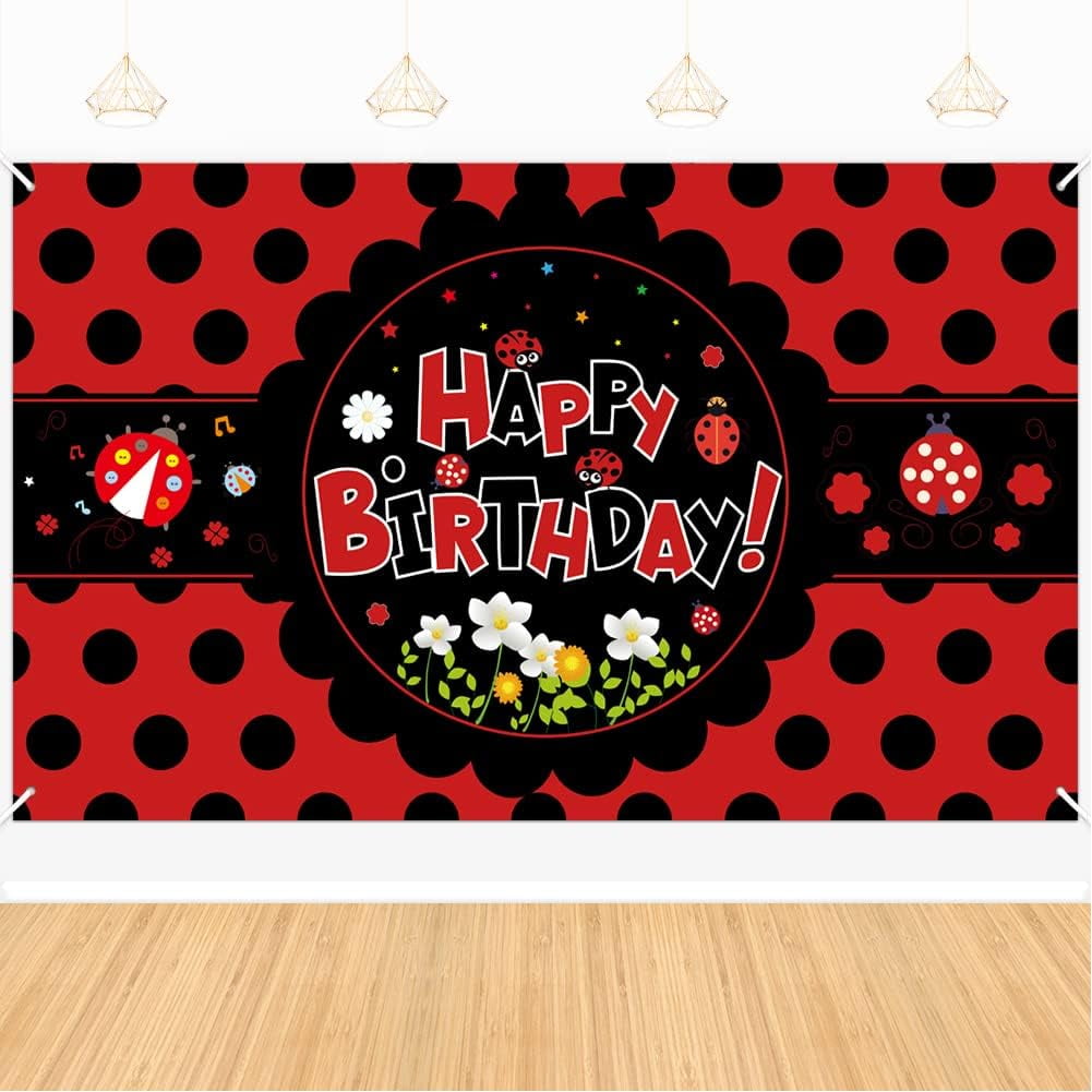 Ladybug Happy Birthday Backdrop Banner, Cute Ladybird Red and Black ...