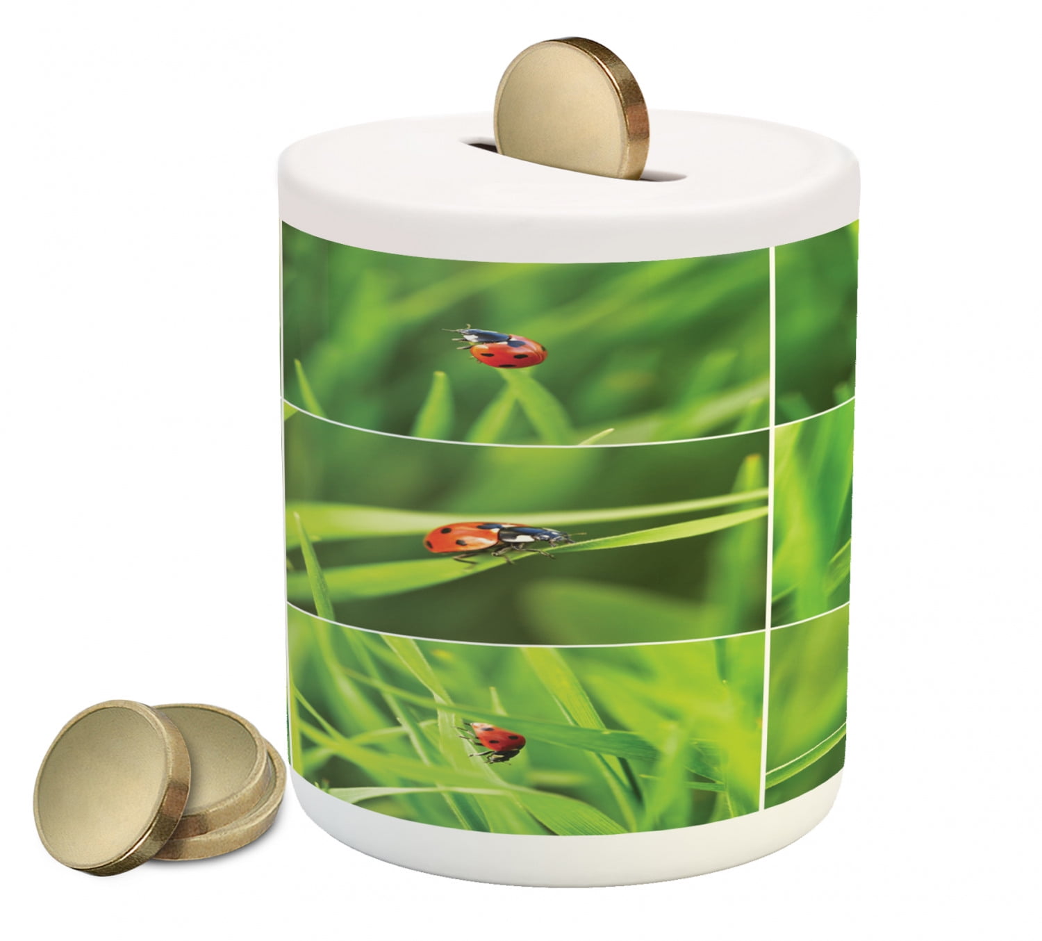 Ladybug Piggy Bank, Ladybug over Fresh Grass Divided Collage Vibrant ...