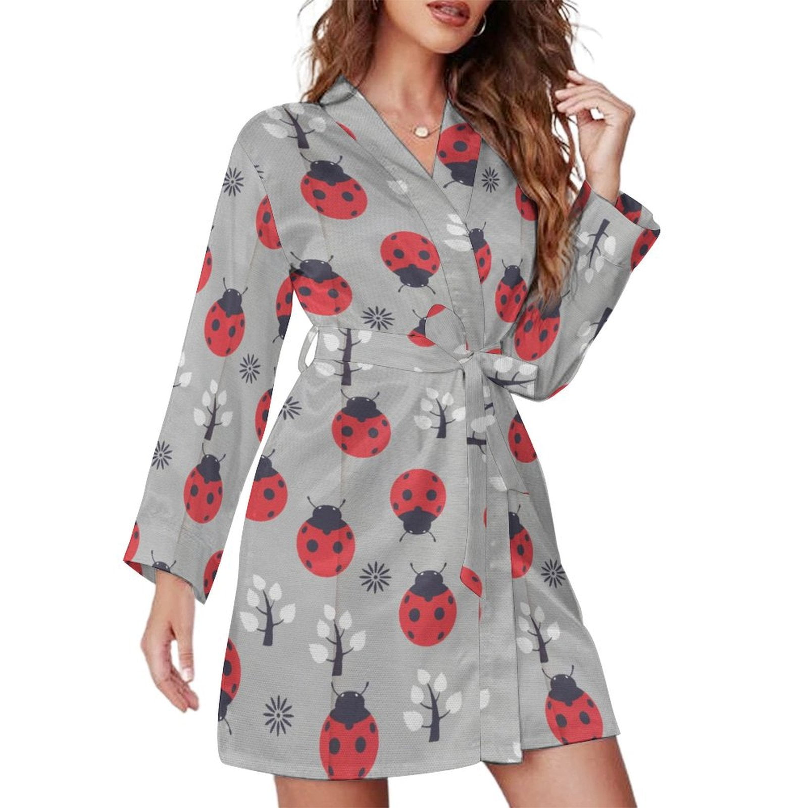 Ladybug Plant Night Robe Long Sleeve V Neck Robe With Belt Women's ...