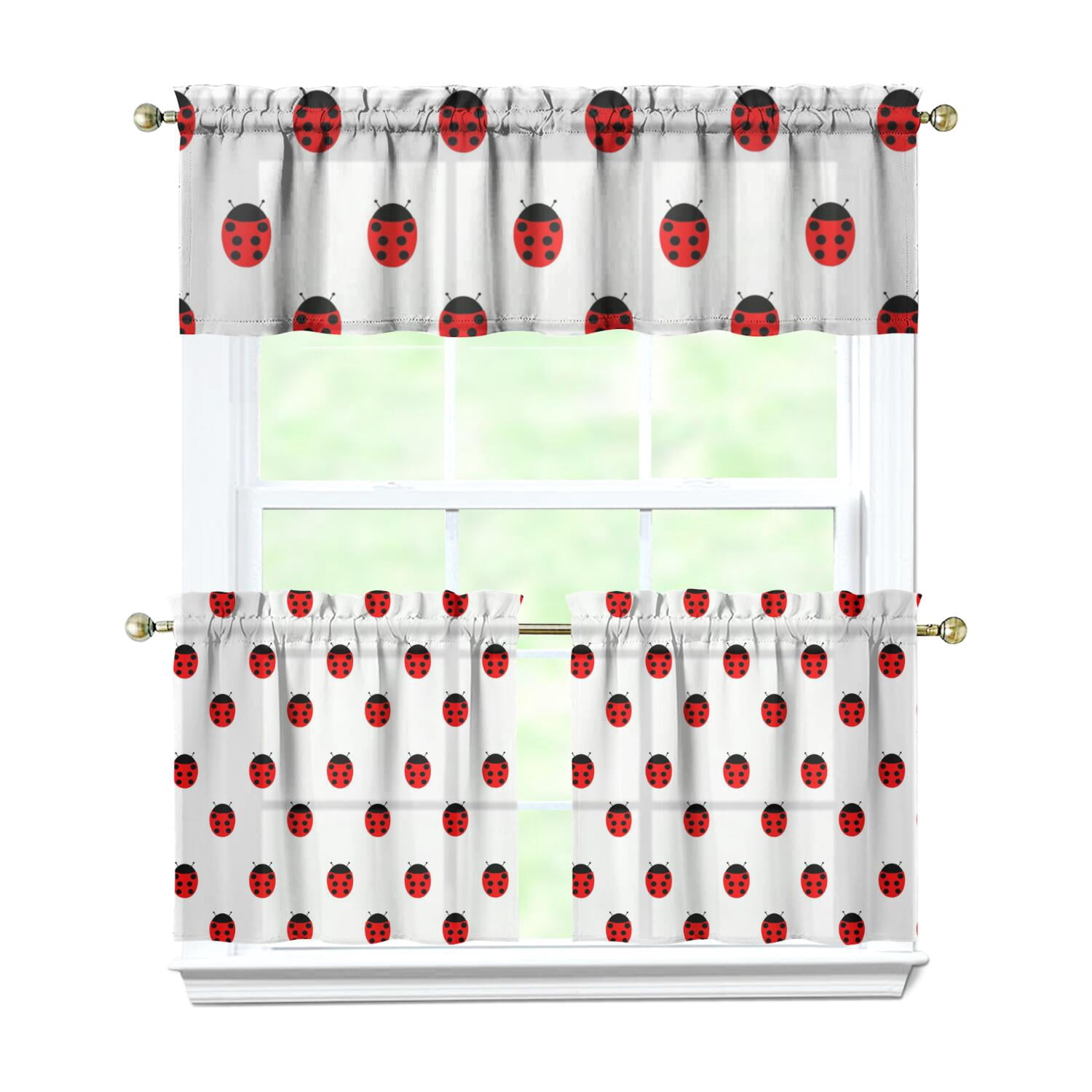 Ladybug Print Kitchen Curtains Set of 3 - 54x18 Inch Valance & 27.5x24 ...