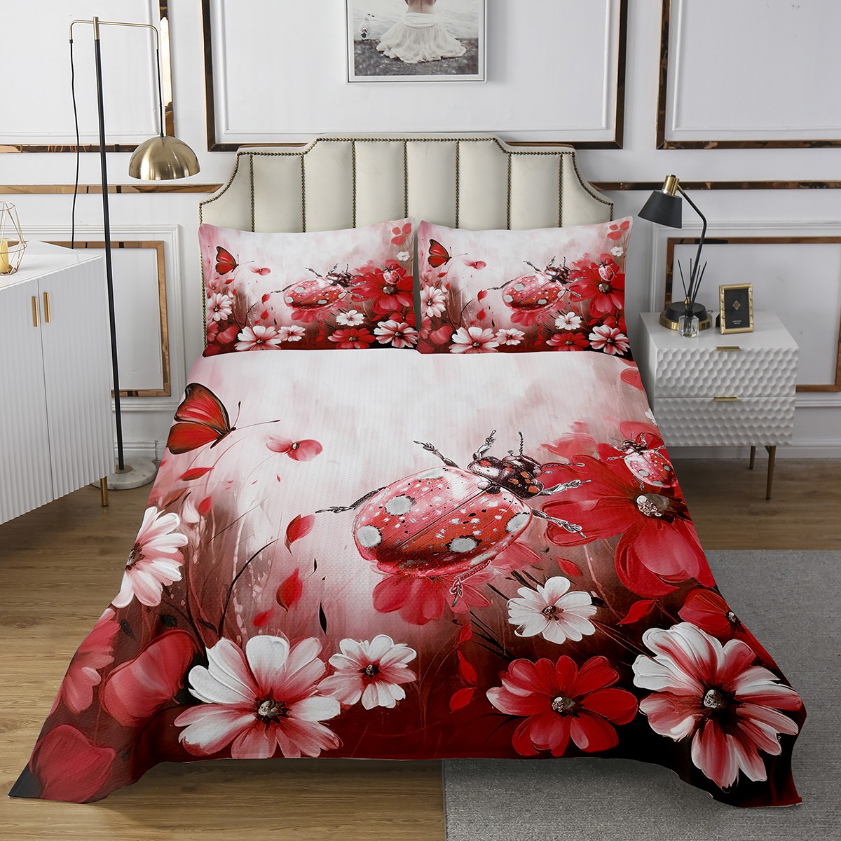 Ladybug Quilt Set Daisy Flowers Queen Bedspread Set,Red Ombre Oil Painting Lady Beetle Coverlet ...