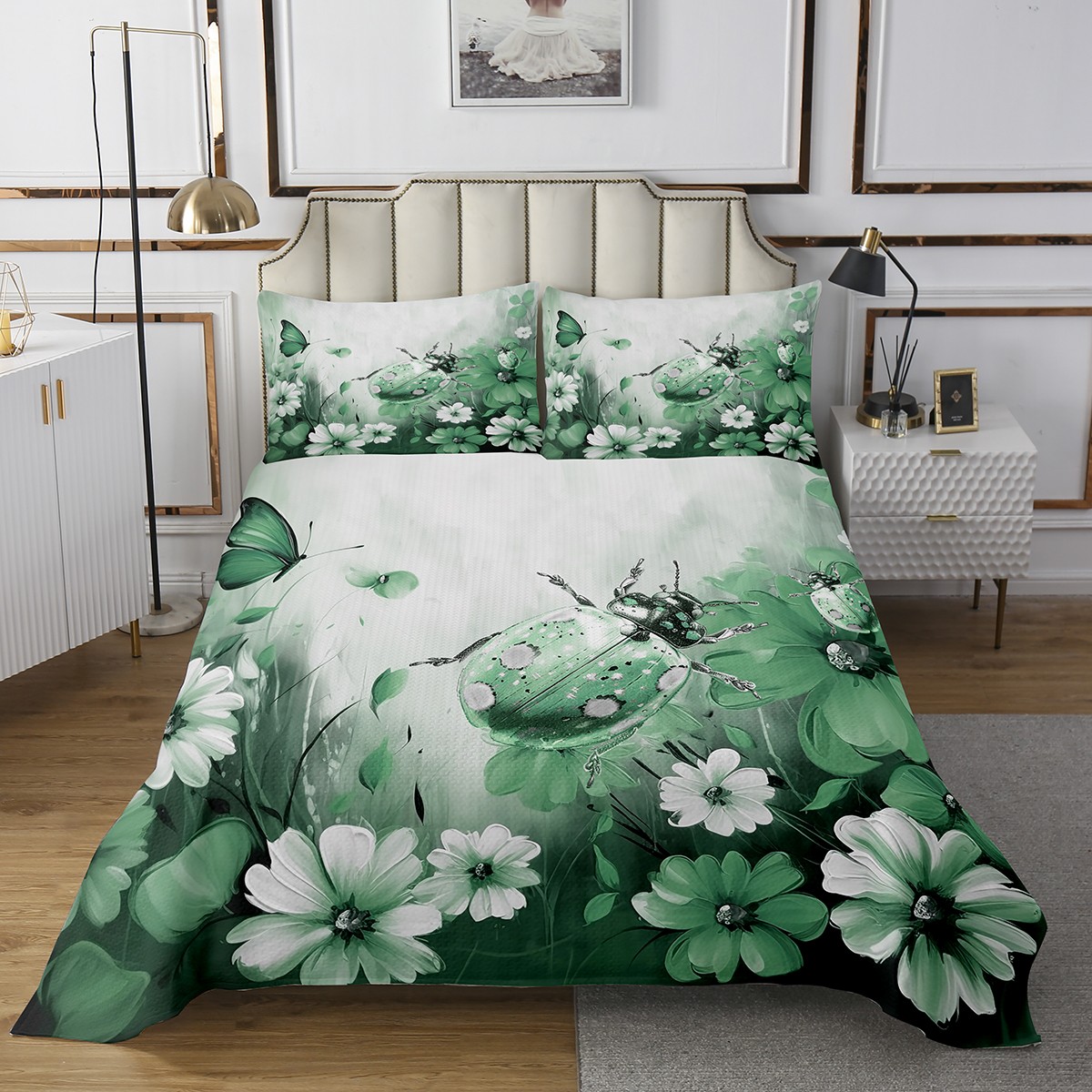 Ladybug Quilt Set Daisy Flowers Twin Bedspread Set,Cyan Ombre Oil ...