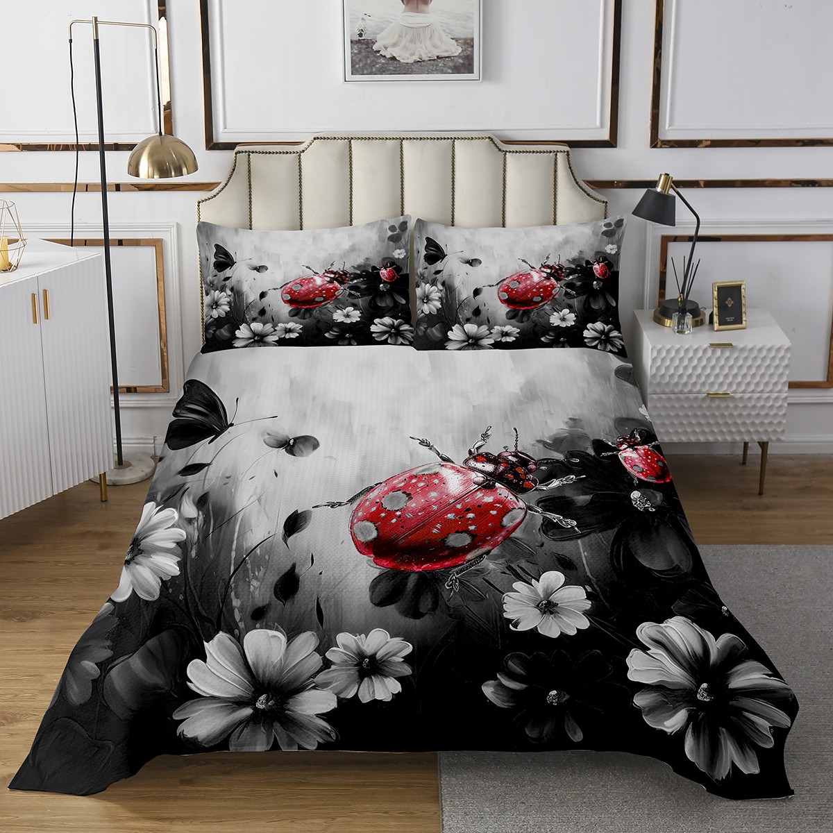 Ladybug Quilt Set Daisy Flowers Twin Bedspread Set,Red Black Ombre Oil ...
