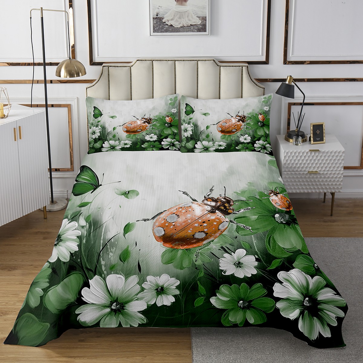 Ladybug Quilt Set Daisy Flowers Twin Bedspread Set,Yellow Green Ombre ...