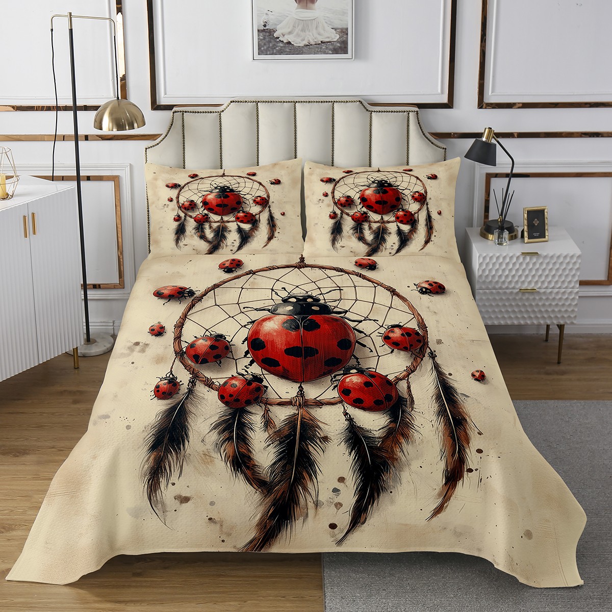 Ladybug Quilt Set Dream Catchers Coverlet Set,Boho Feather Ladybird ...