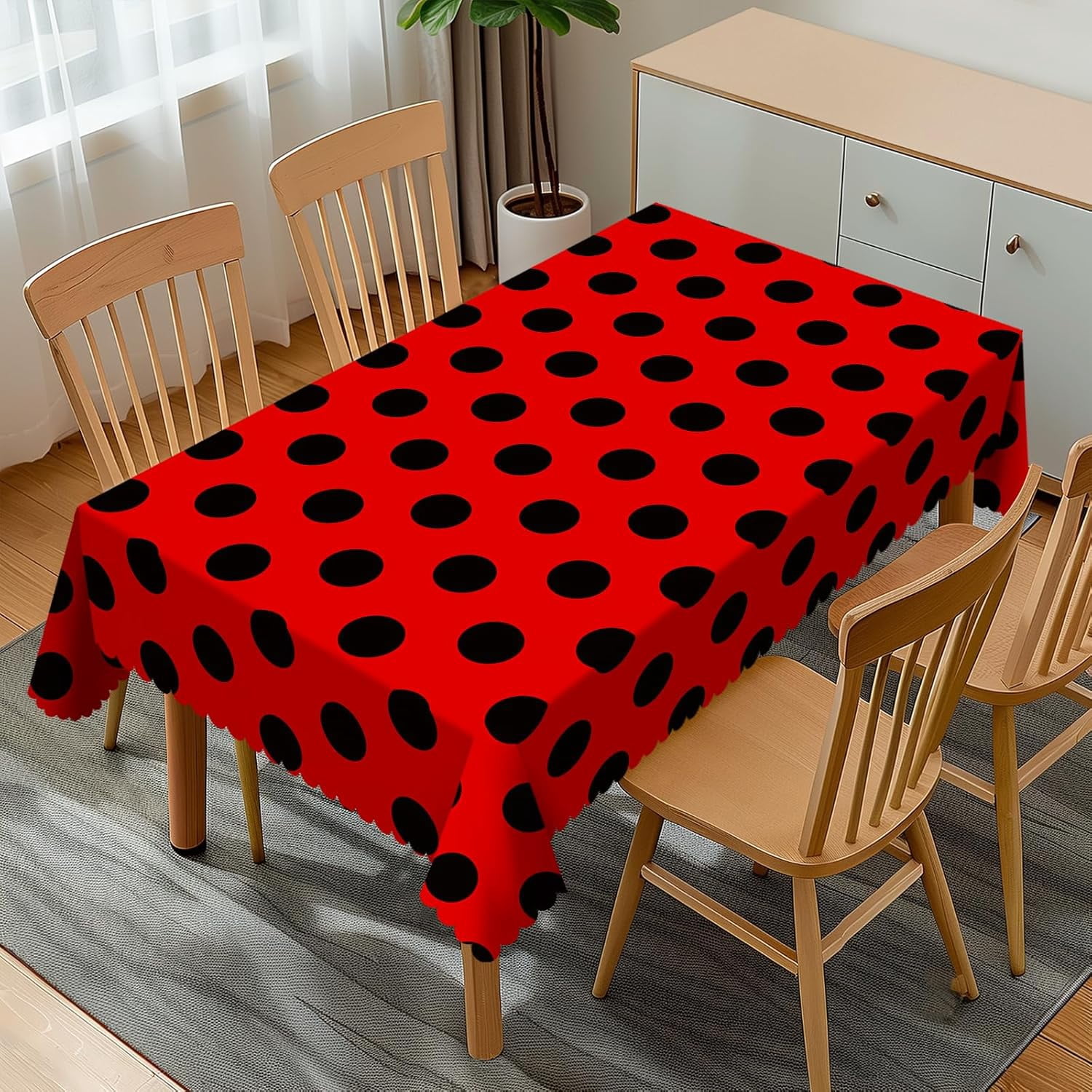 Ladybug Red Rectangular Tablecloth, Red Black Spots 54x72 Inch Wavy ...
