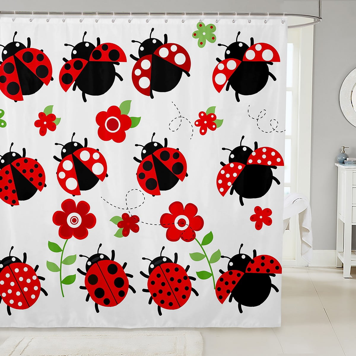 Ladybug Shower Curtain Room Decor Spring Garden Waterproof Bathroom ...
