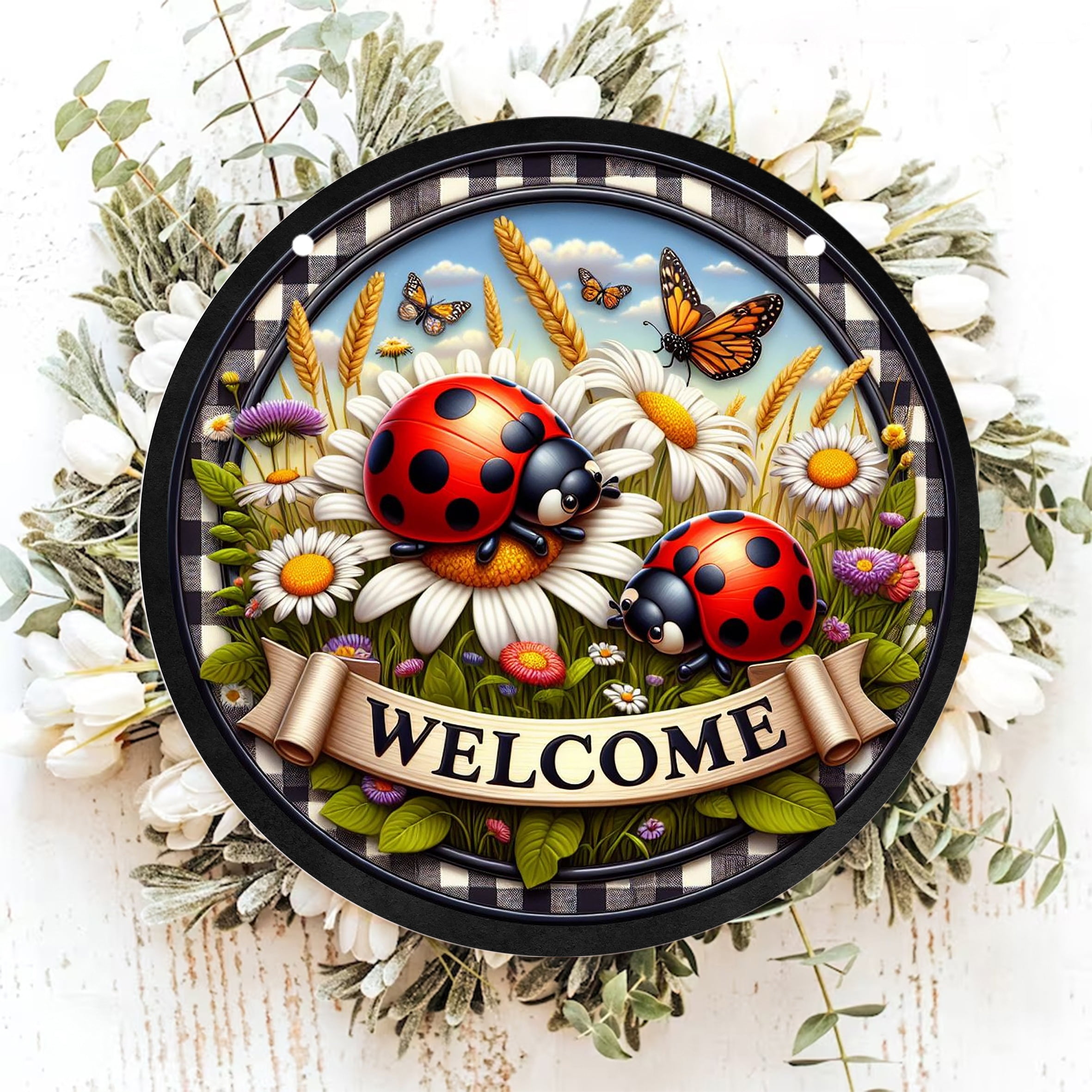 Ladybug Sign, Wreath Sign, Seven-star Ladybug Welcome Sign, Spring Sign ...