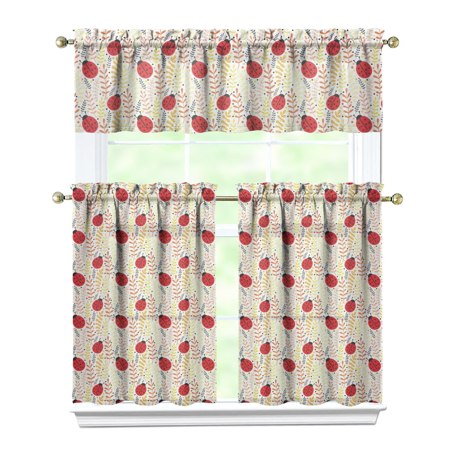 Ladybug Theme Kitchen Window Curtains 3-Piece Set - Nature Insect Print ...