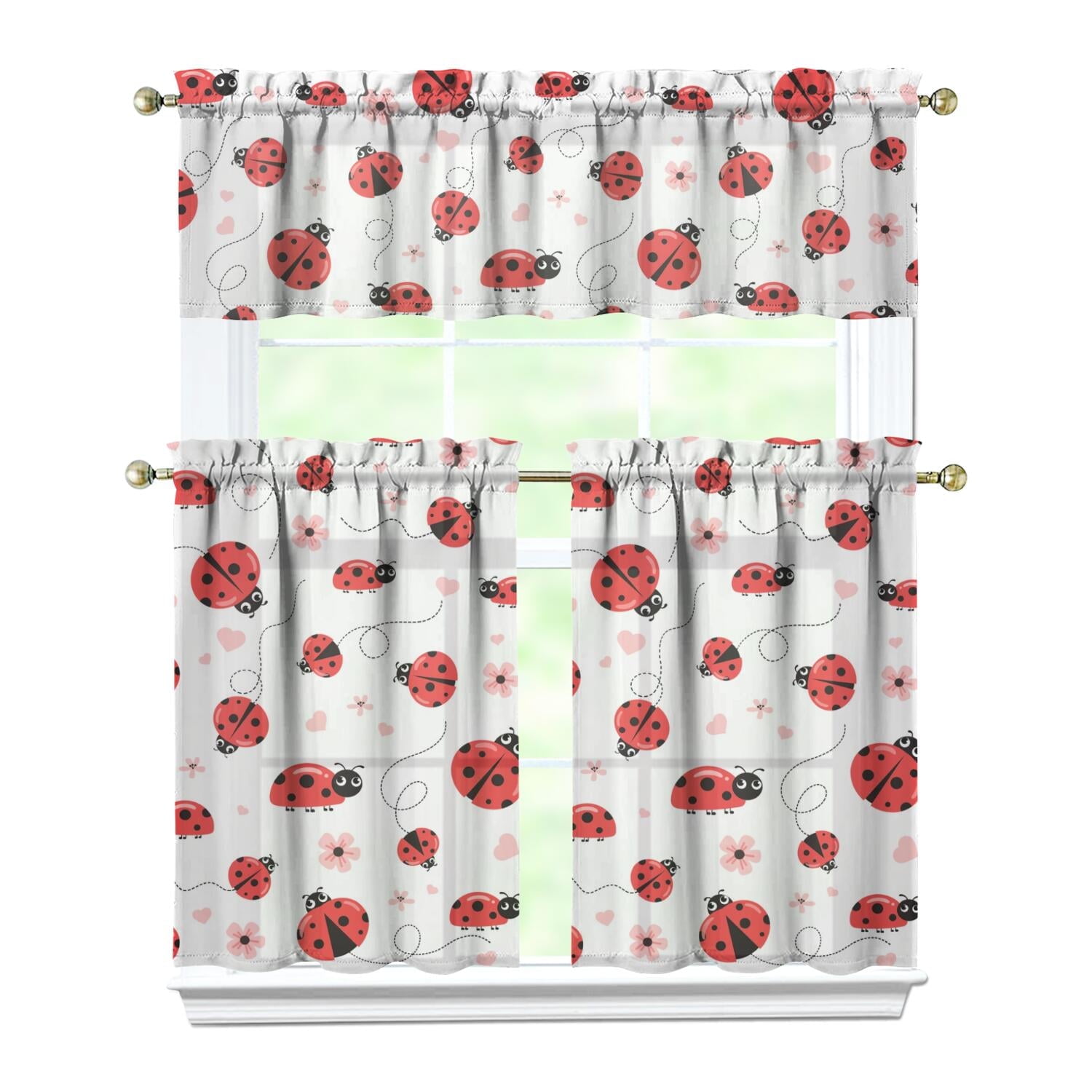 Ladybug Theme Kitchen Window Curtains 3-Piece Set - Nature Insect Print ...