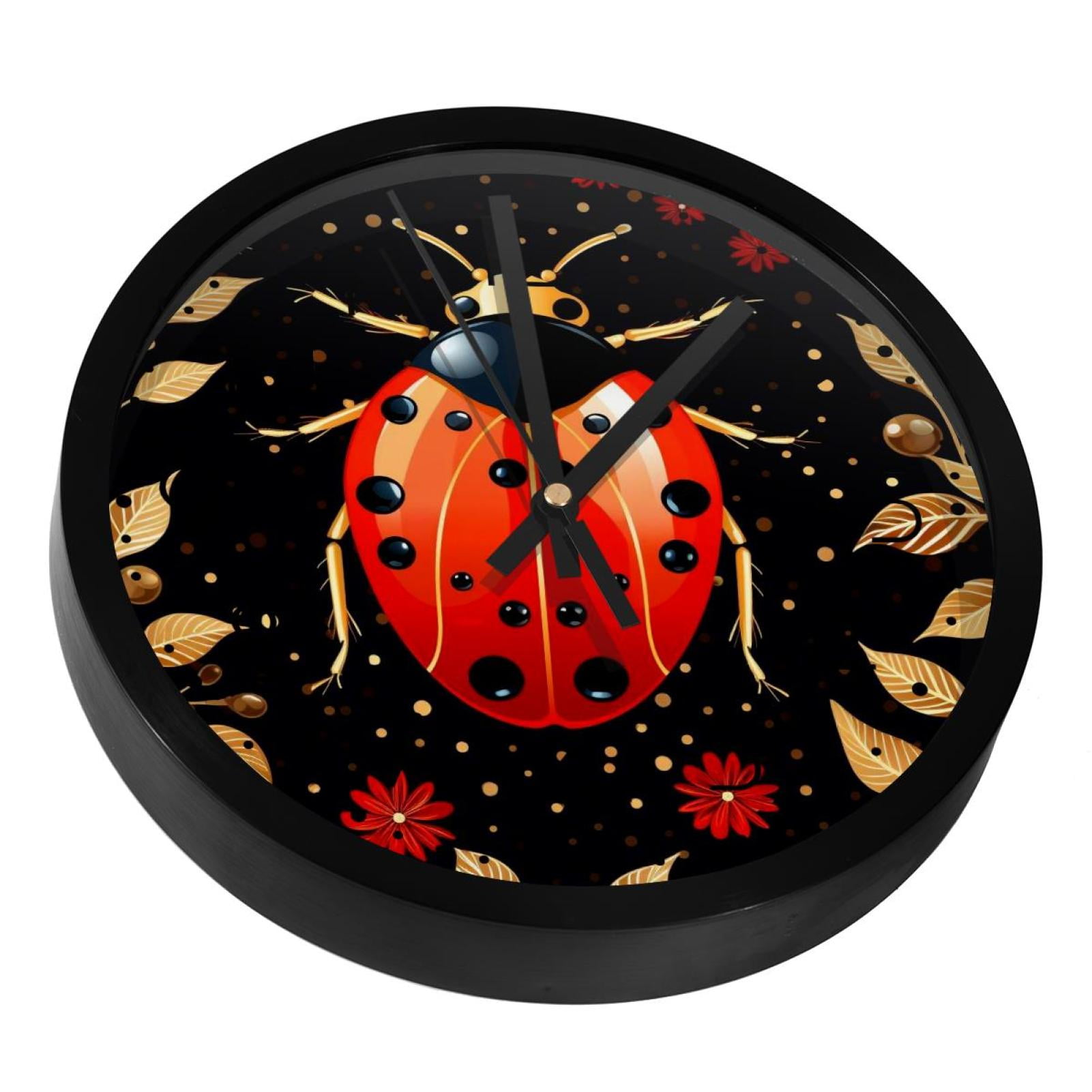 Ladybug and Gold Leave Silent Wall Clock, Non Ticking Battery Operated ...