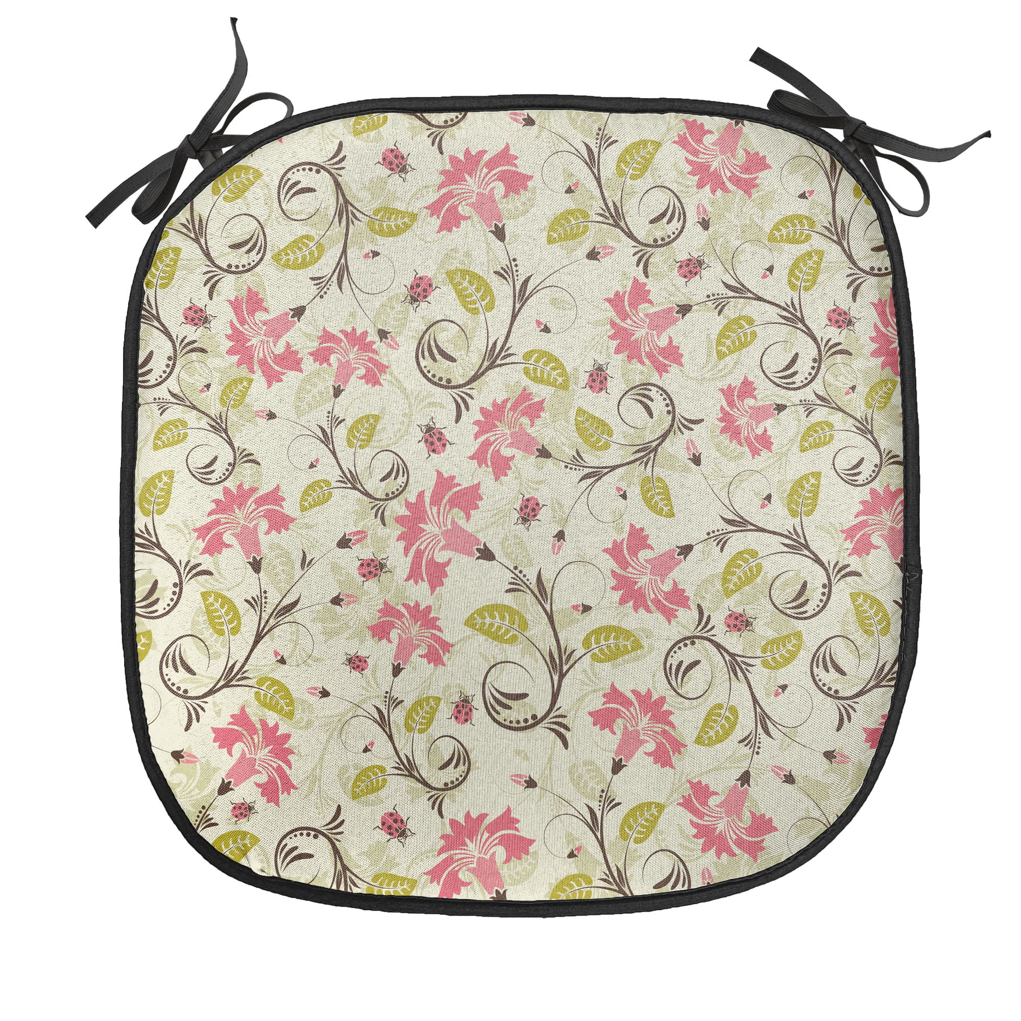 Ladybugs Chair Seating Cushion, Curving Flower Design Ladybugs and ...