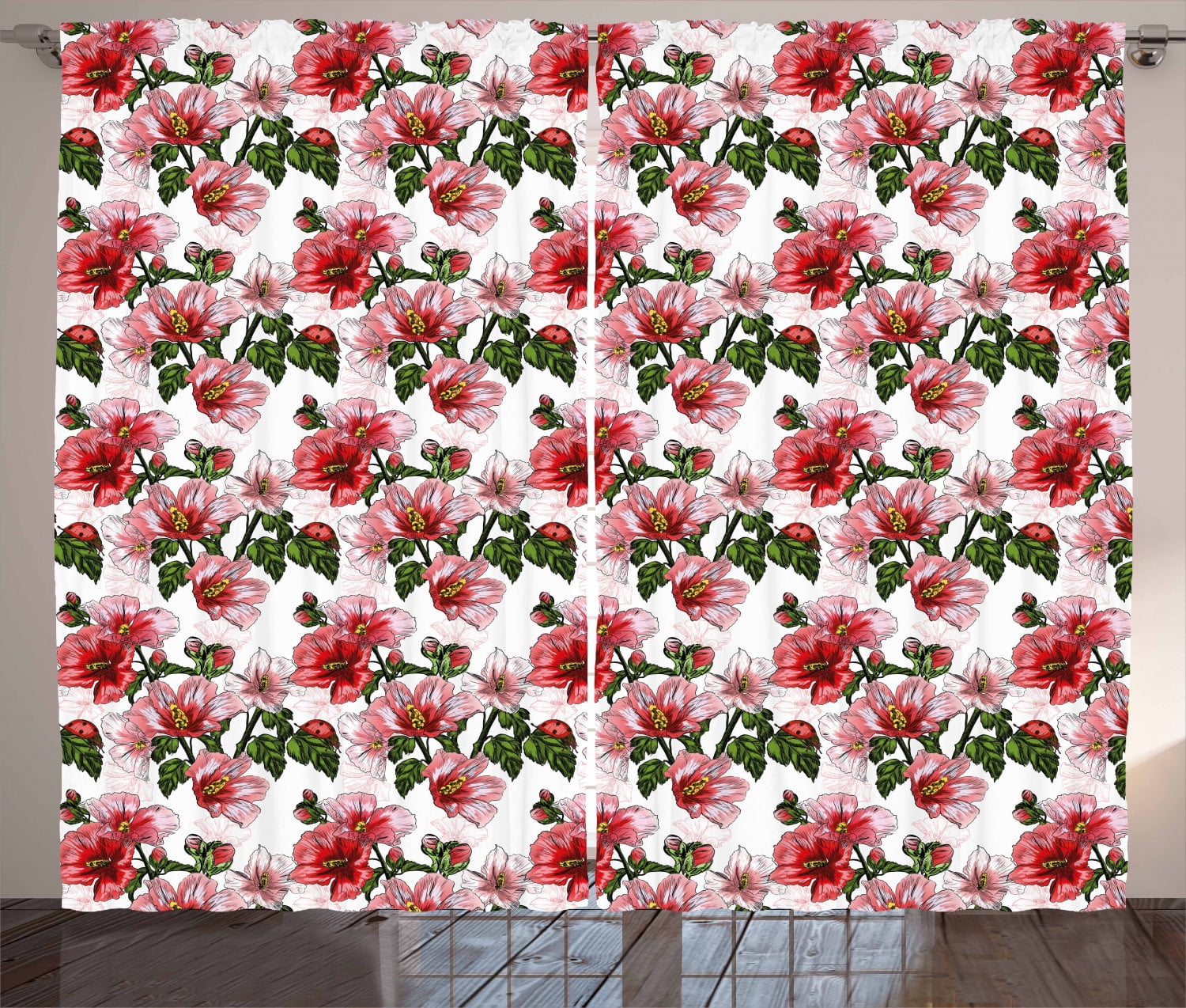 Ambesonne Ladybugs Curtains 2 Panel Set, Hibiscus Exotic Flora, 108" x ...