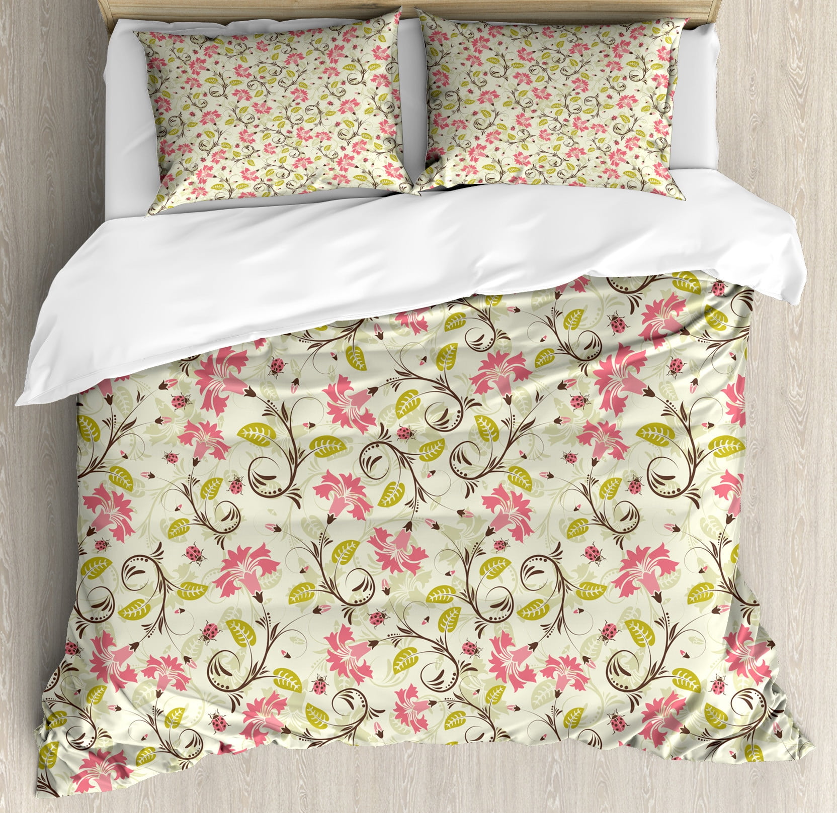 Ladybugs Duvet Cover Set, Curving Flower Design Ladybugs and Retro ...