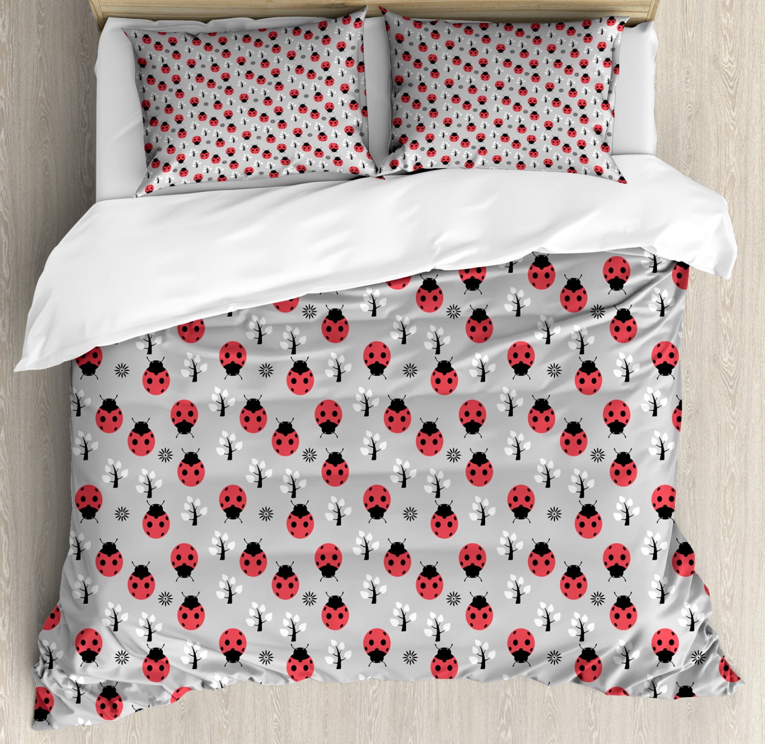 Ladybugs Duvet Cover Set Queen Size, Cute Nature with Abstract Insects ...