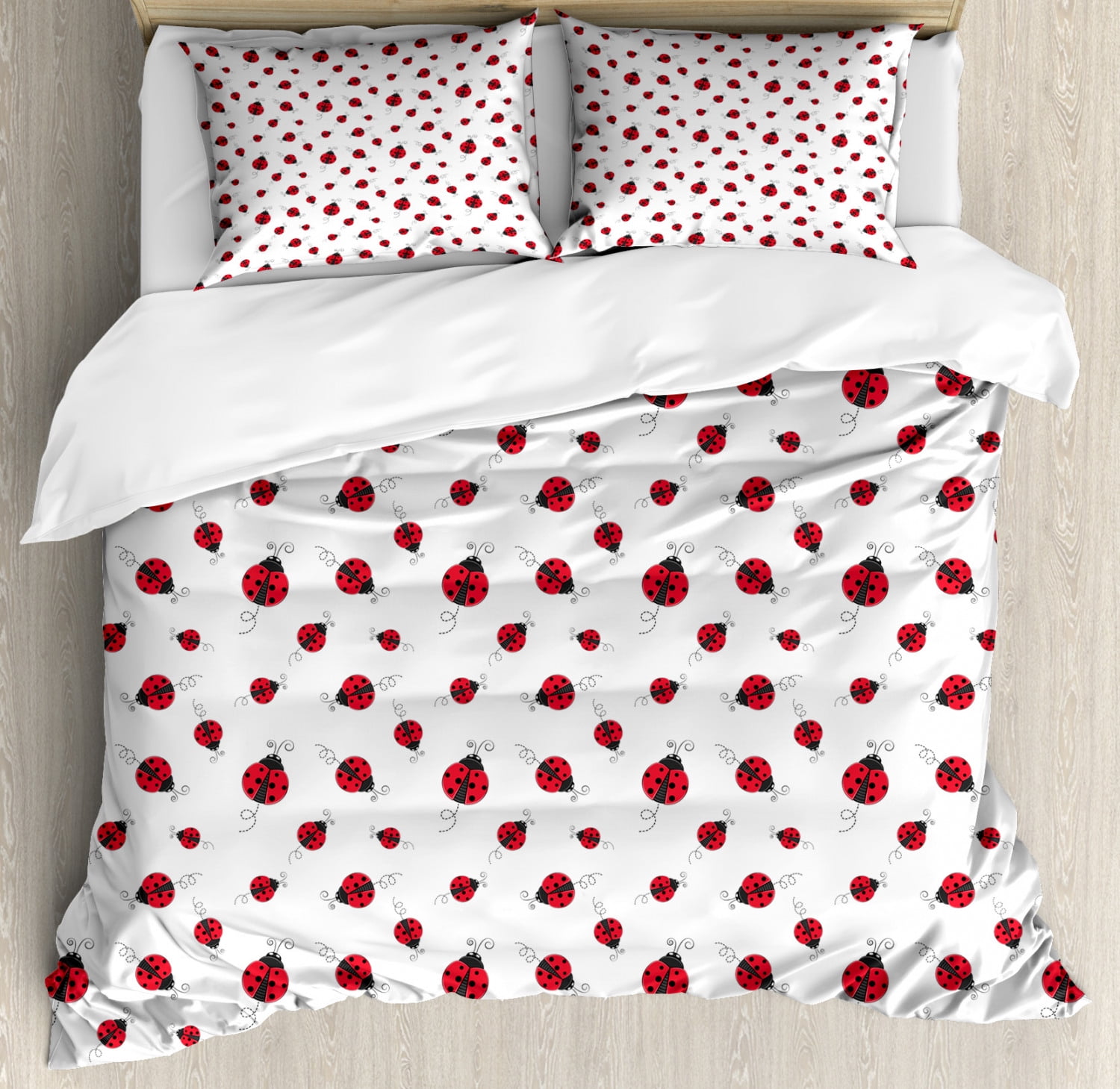 Ladybugs Duvet Cover Set Queen Size, Ladybug with Dotted Wings Swirls ...