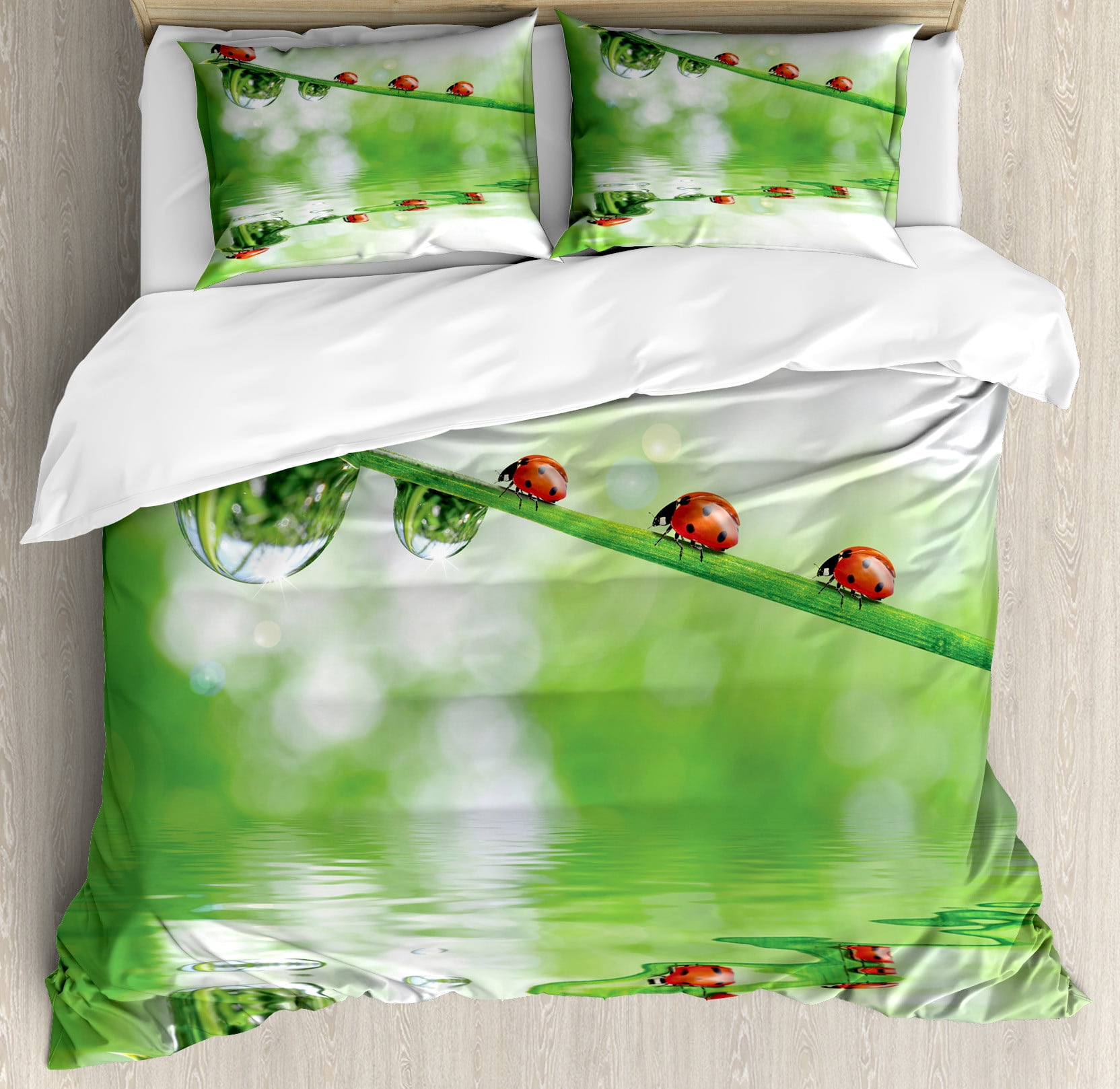 Ladybugs Duvet Cover Set, Ladybugs on a Stem over the Water Striped ...