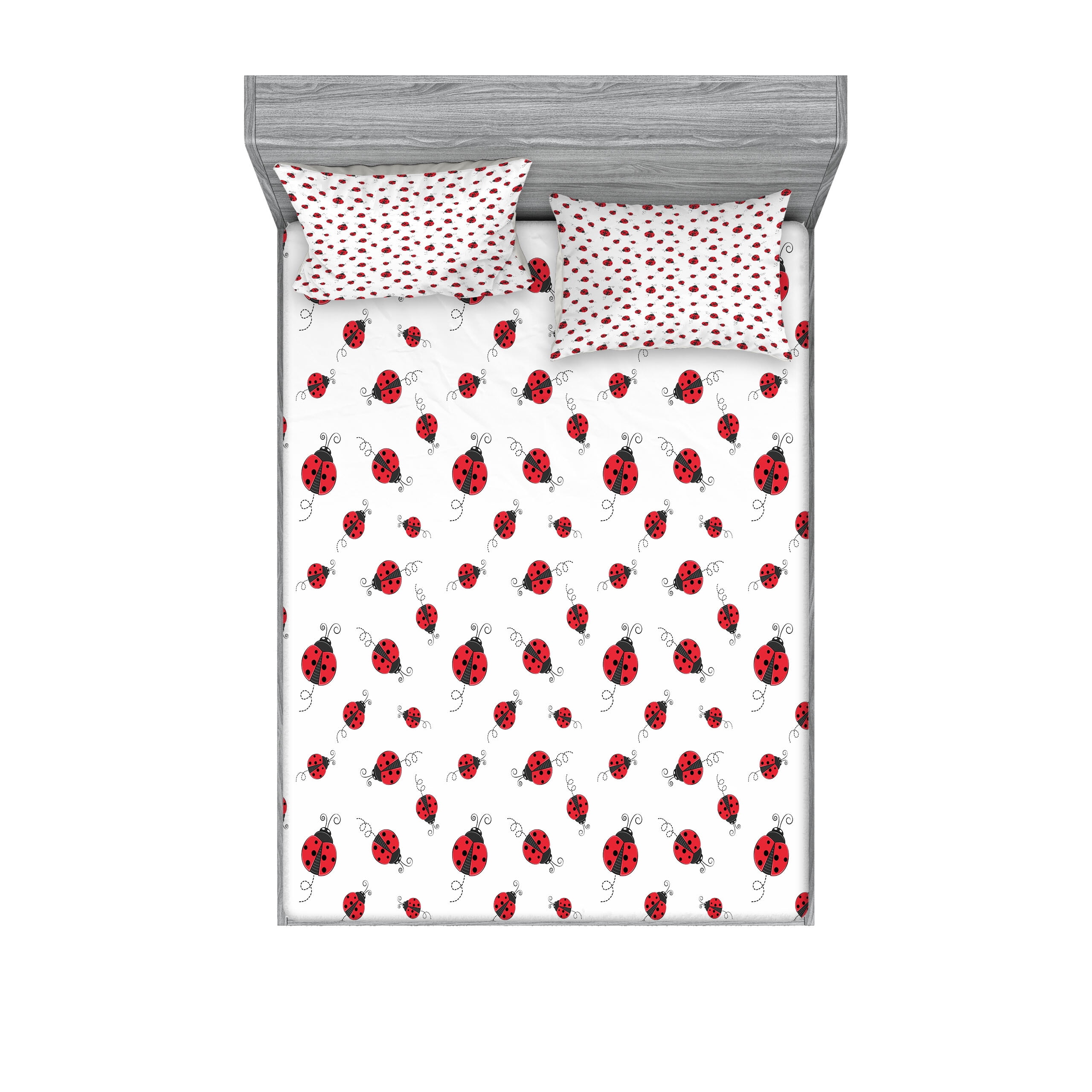 Ladybugs Fitted Sheet & Pillow Sham Set, Ladybug Dotted Wings Swirls and Curves Pattern Animal ...