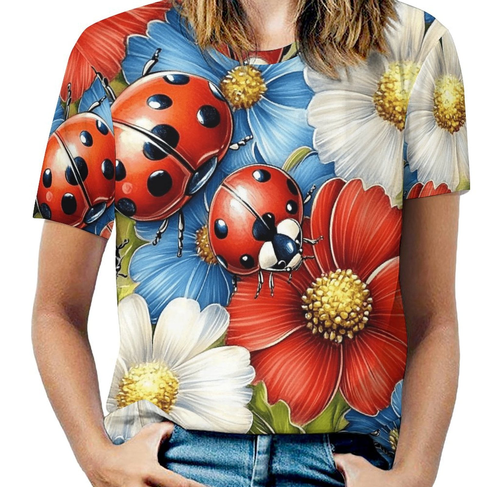 Ladybugs Floral Garden(1)-2 Women's Short Sleeve Tops Casual Blouses T ...