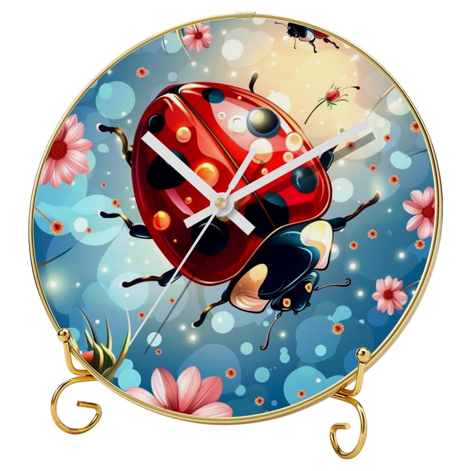 Ladybugs Modern Round Wall Clock with Hooks and Gold Stand - Silent Non ...
