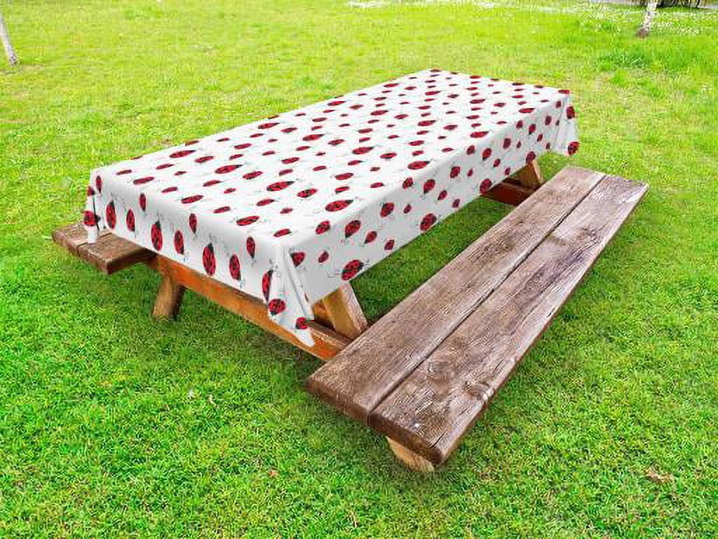 Ladybugs Outdoor Tablecloth, Ladybug with Dotted Wings Swirls and ...