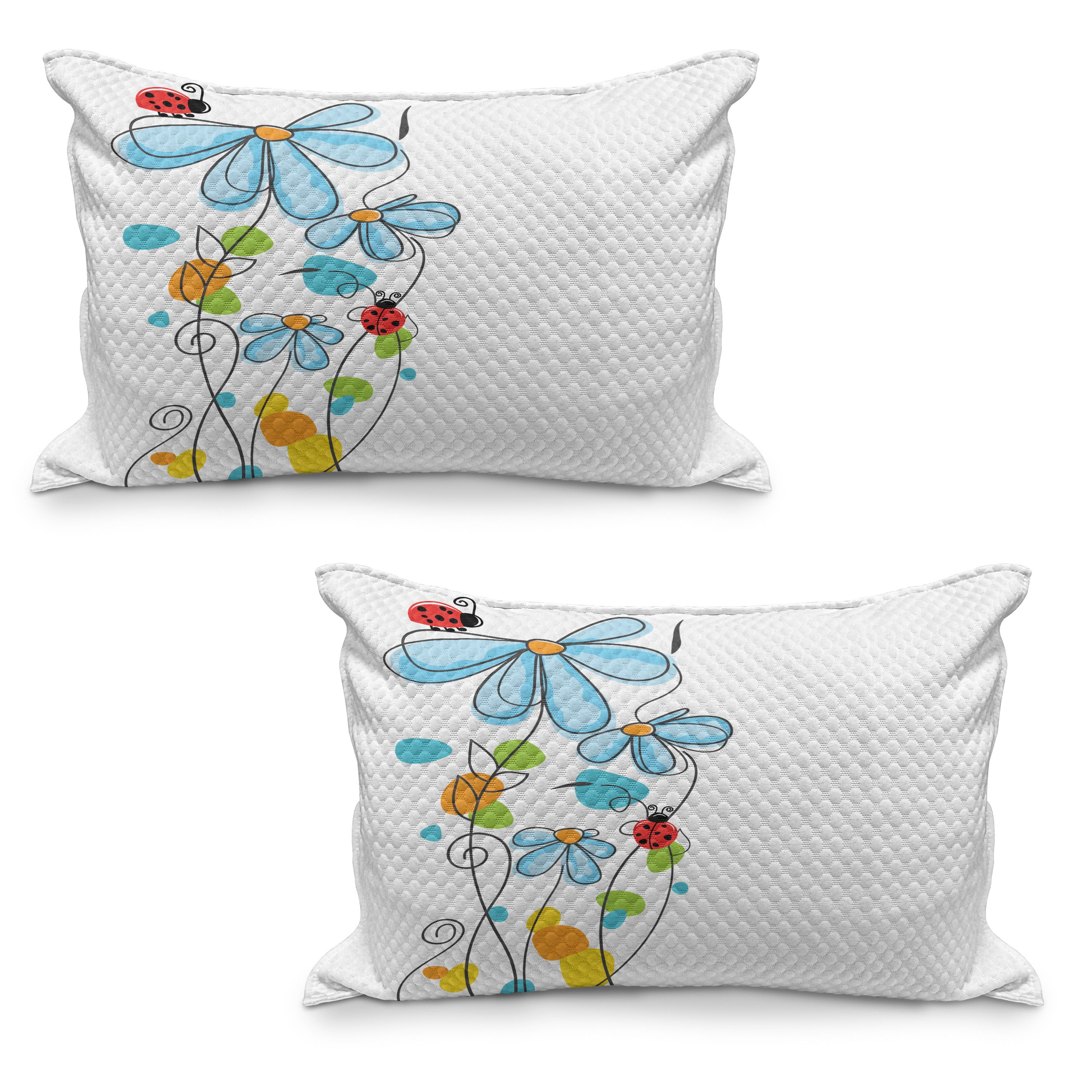 Ladybugs Quilted Pillowcover Set of 2, Flowers Oval Dome-Shaped ...