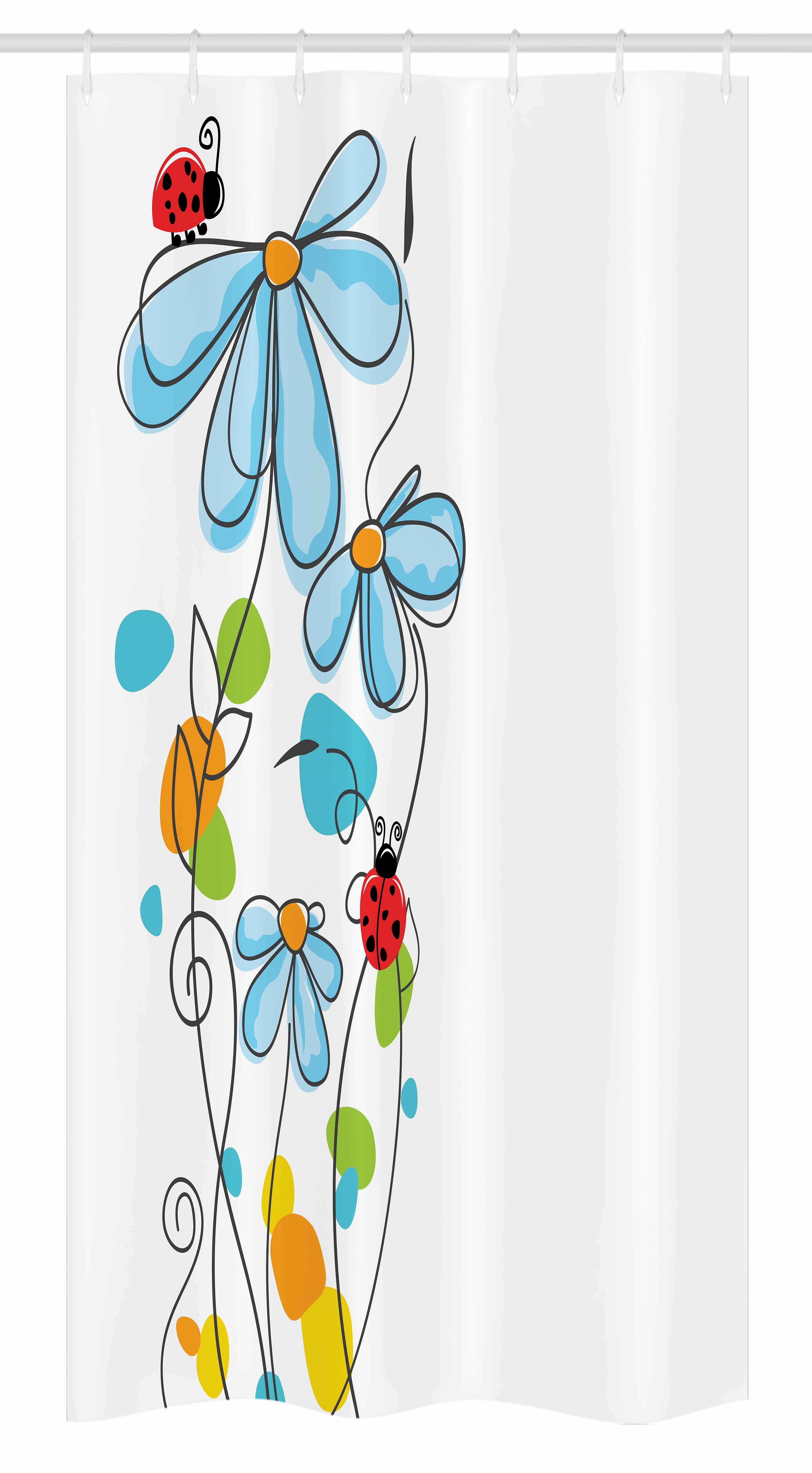 Ladybugs Stall Shower Curtain, Flowers and Oval Dome-Shaped Ladybugs ...